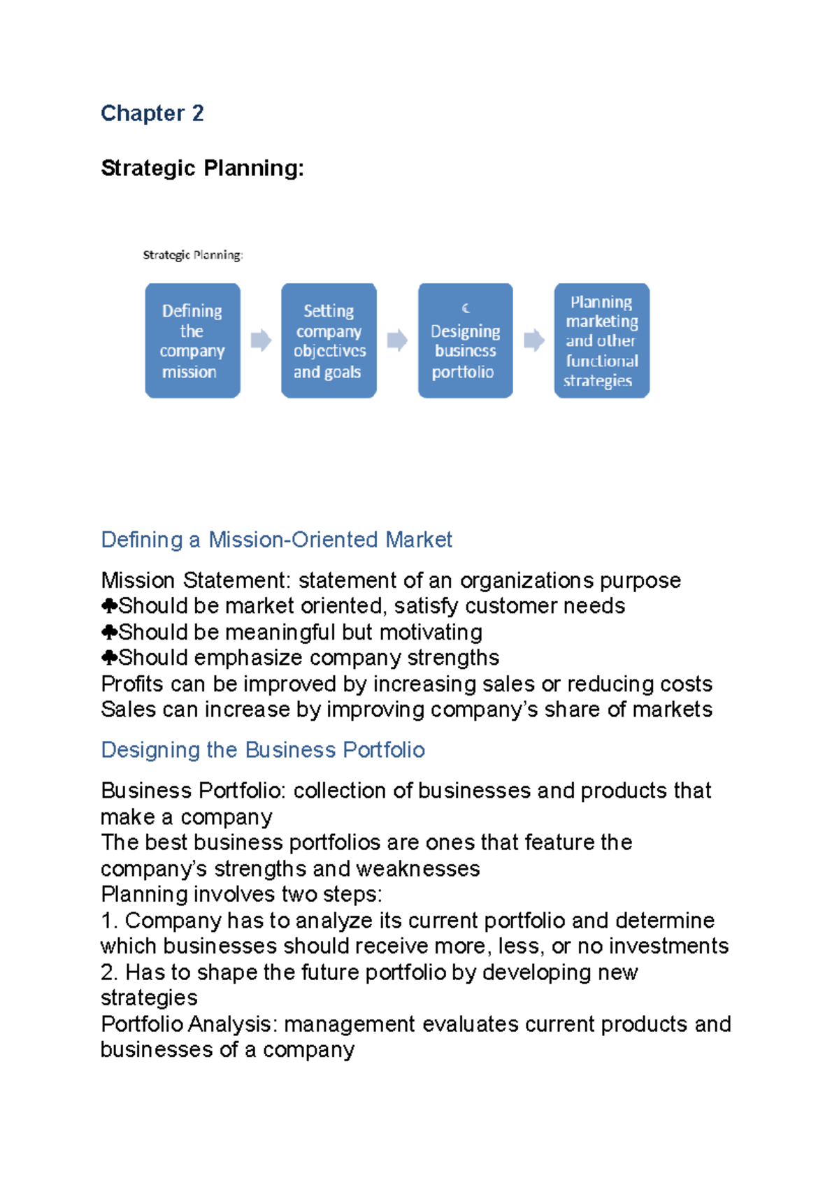 Chapter 2 Notes - Marketing 2 - Chapter 2 Strategic Planning: Defining ...