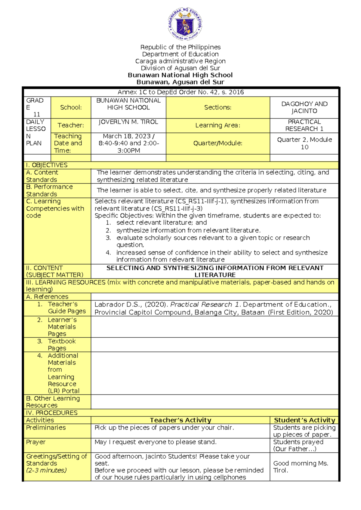 DLP 11 - dlp - Republic of the Philippines Department of Education Caraga administrative Region ...