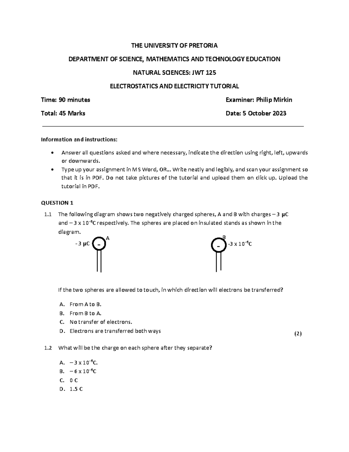 2023 Electrostatics and electricity tutorial - THE UNIVERSITY OF ...