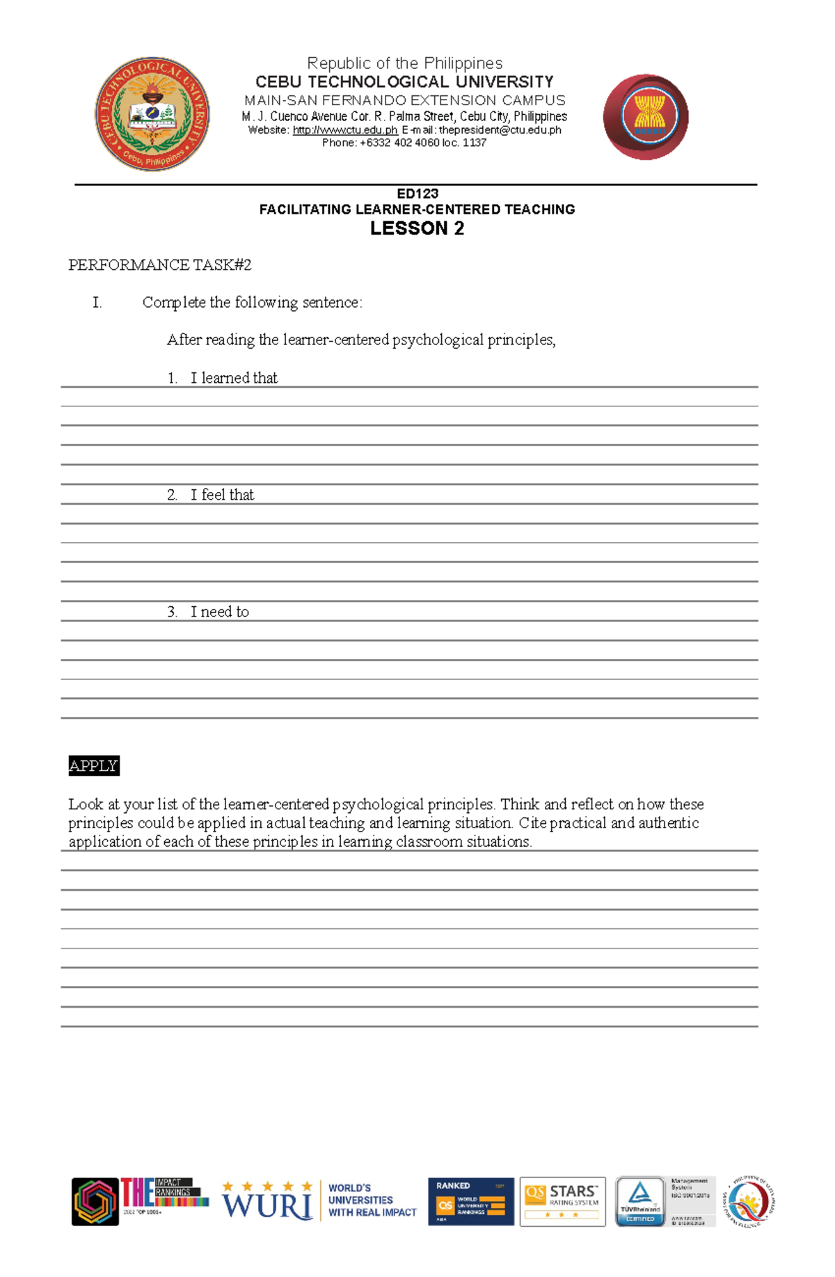 Lesson 2 Performance TASK#2 - ED FACILITATING LEARNER-CENTERED TEACHING ...