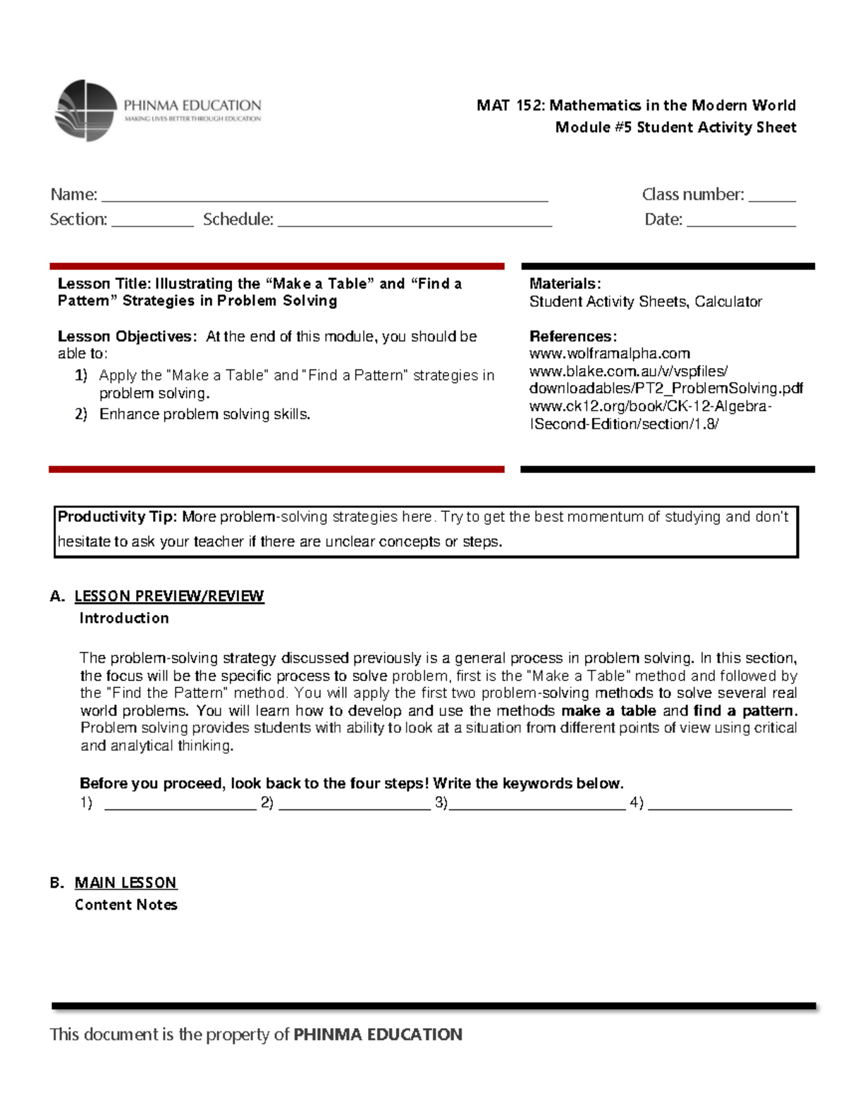 SAS05-MAT-152 Table-and-Patterns - Module #5 Student Activity Sheet ...