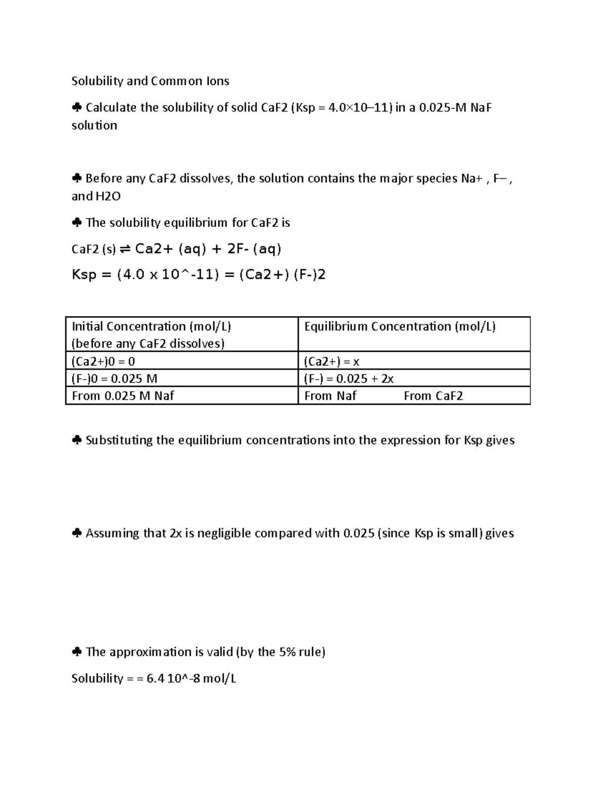 118 - summary - Solubility and Common Ions Calculate the solubility of ...