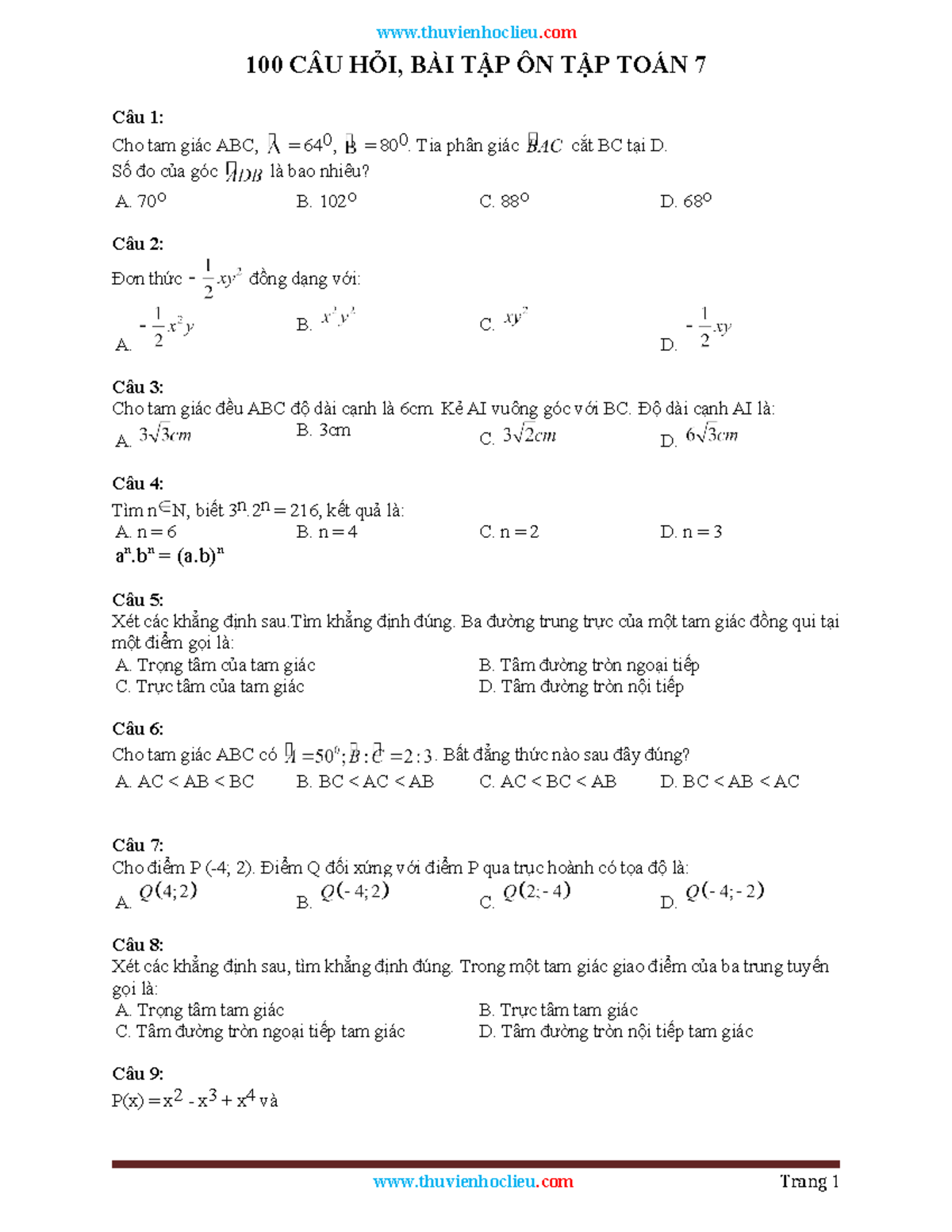 Thuvienhoclieu - gvhbj - 100 CÂU HỎI, BÀI TẬP ÔN TẬP TOÁN 7 Câu 1: Cho ...