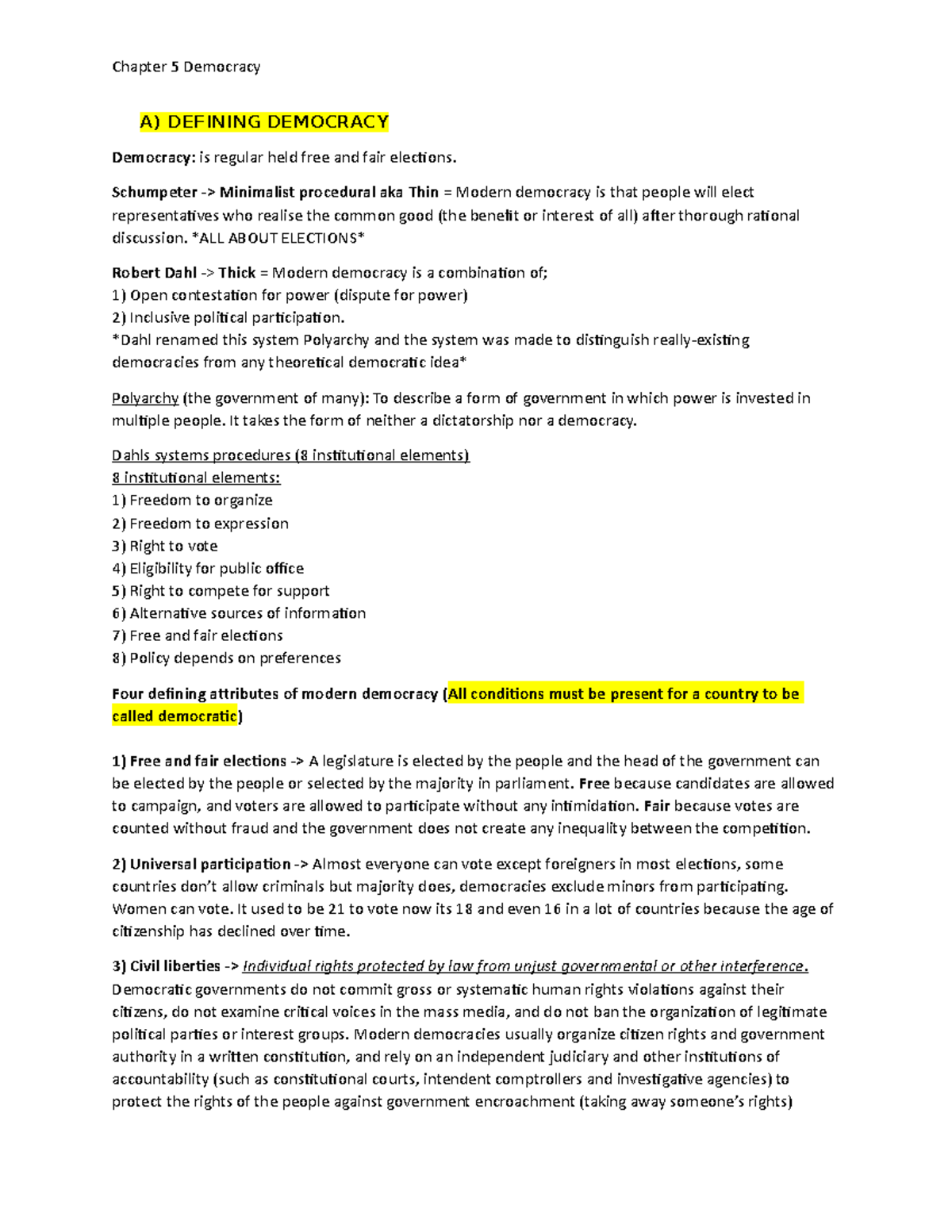 Chapter 5 Democracy - Notes - Chapter 5 Democracy A) DEFINING DEMOCRACY ...
