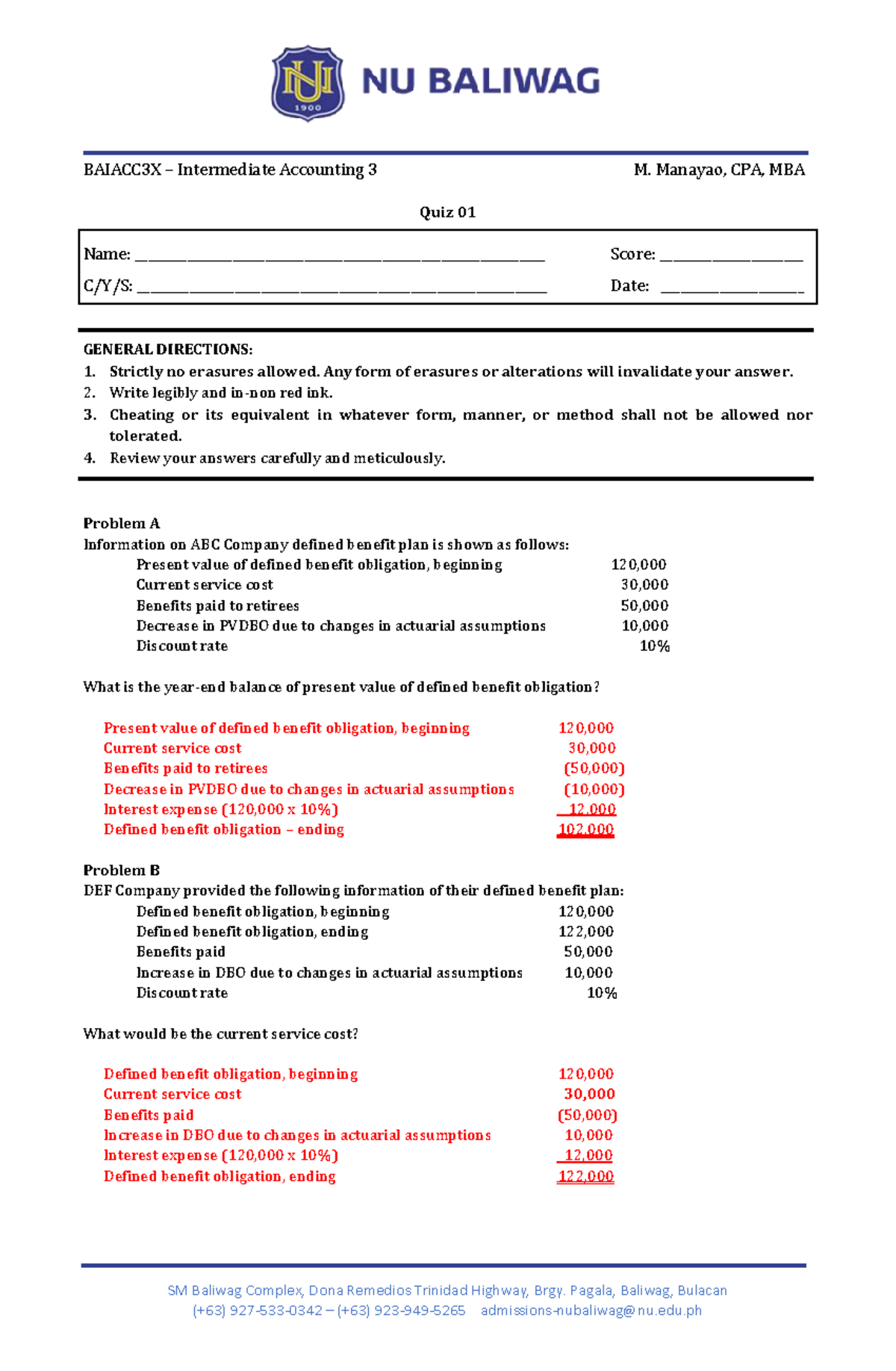 Quiz 01 (with solution) - SM Baliwag Complex, Dona Remedios Trinidad Highway, Brgy. Pagala ...