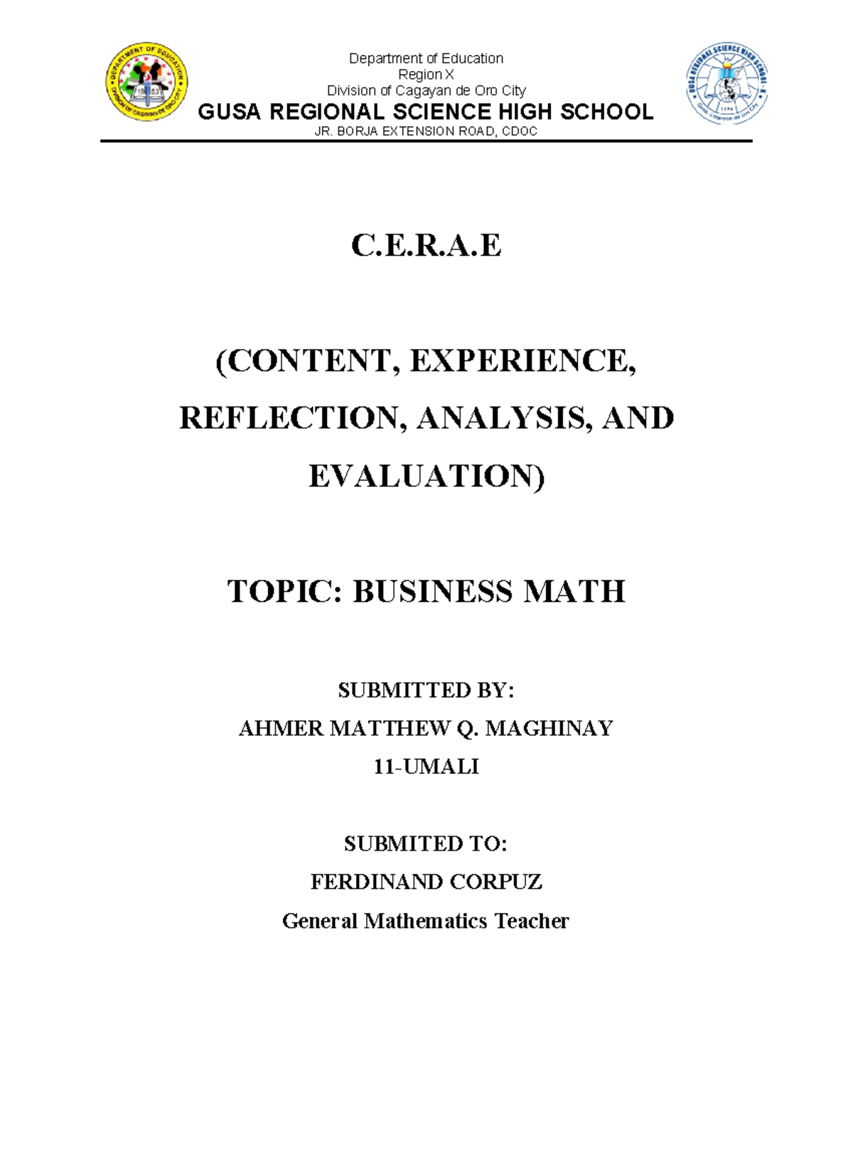 Cerae Businessmath - Region X Division of Cagayan de Oro City GUSA ...