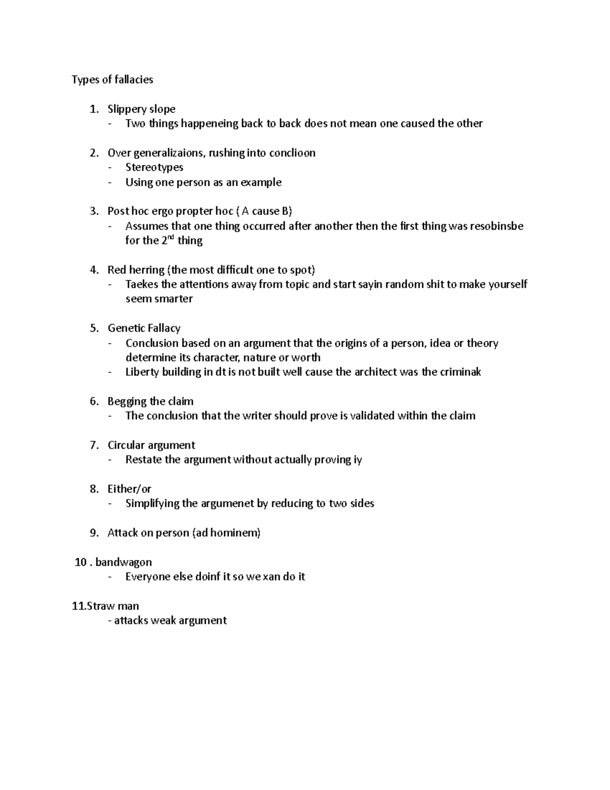 Types of fallacies - lecture notes - Types of fallacies Slippery slope ...
