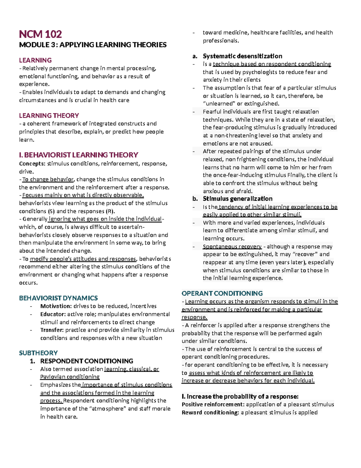 NCM 102 Learning theories 1 - NCM 102 MODULE 3 : APPLYING LEARNING THEORIES LEARNING Relatively ...
