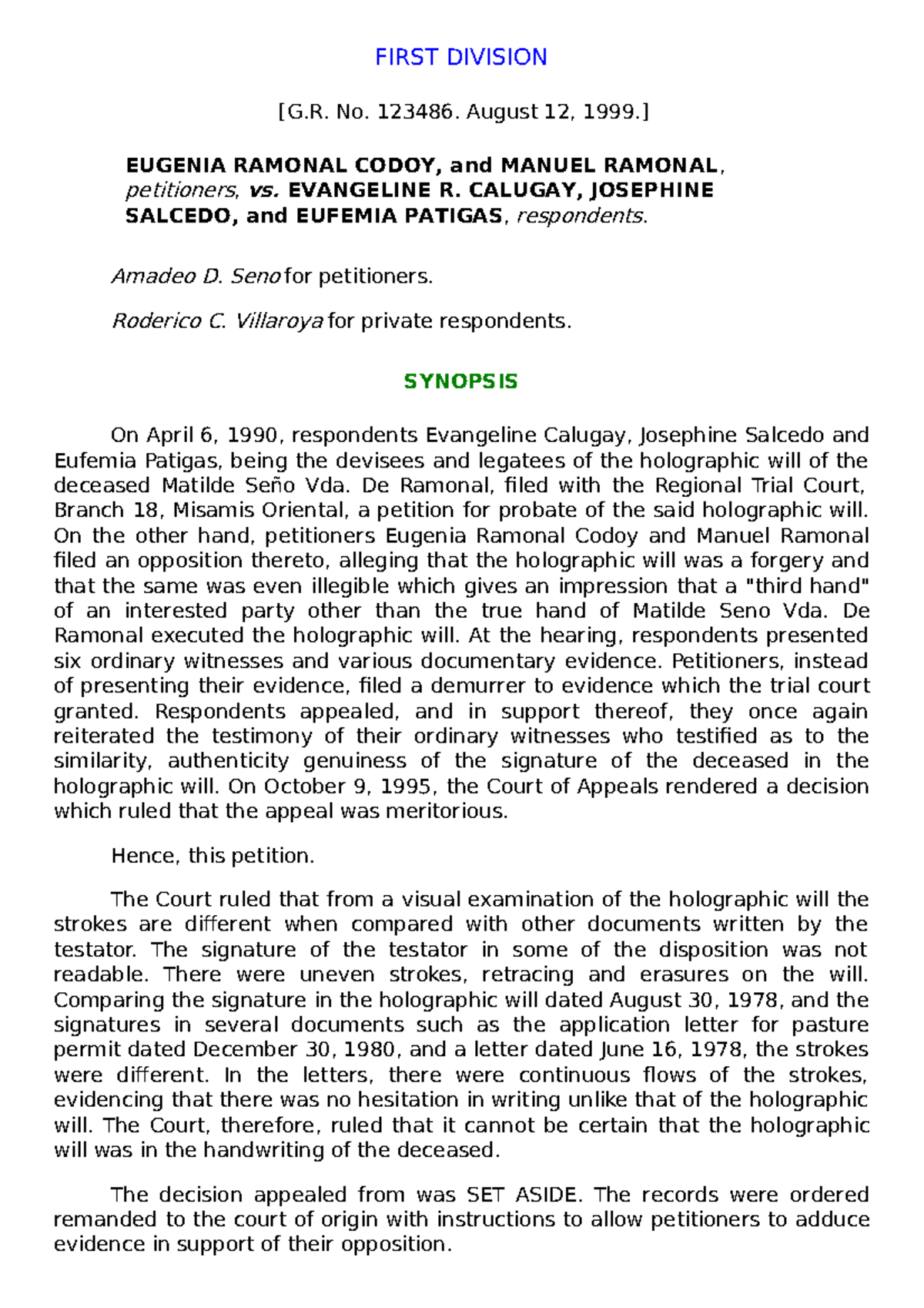 76. Codoy vs. Calugay, 312 SCRA 333 - FIRST DIVISION [G. No. 123486 ...