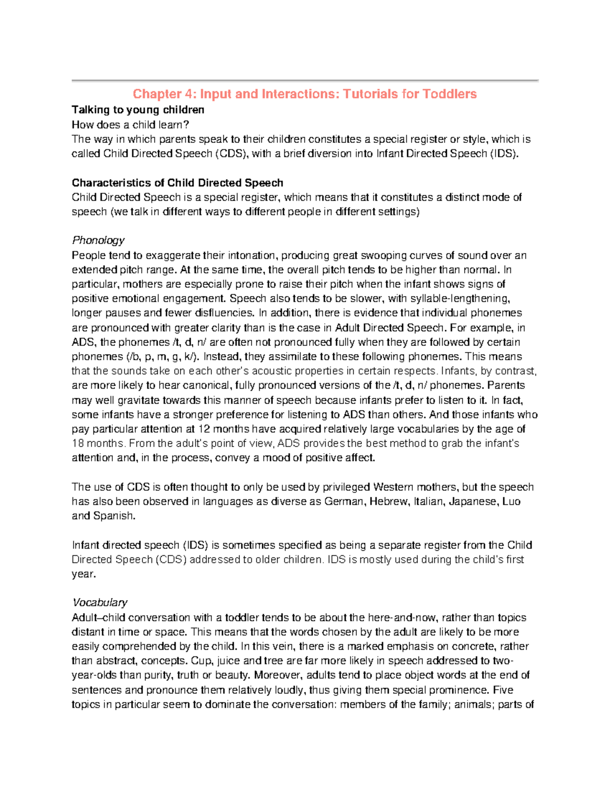Child Language Acquisition And Development Chapter 4 5 8 9 Chapter