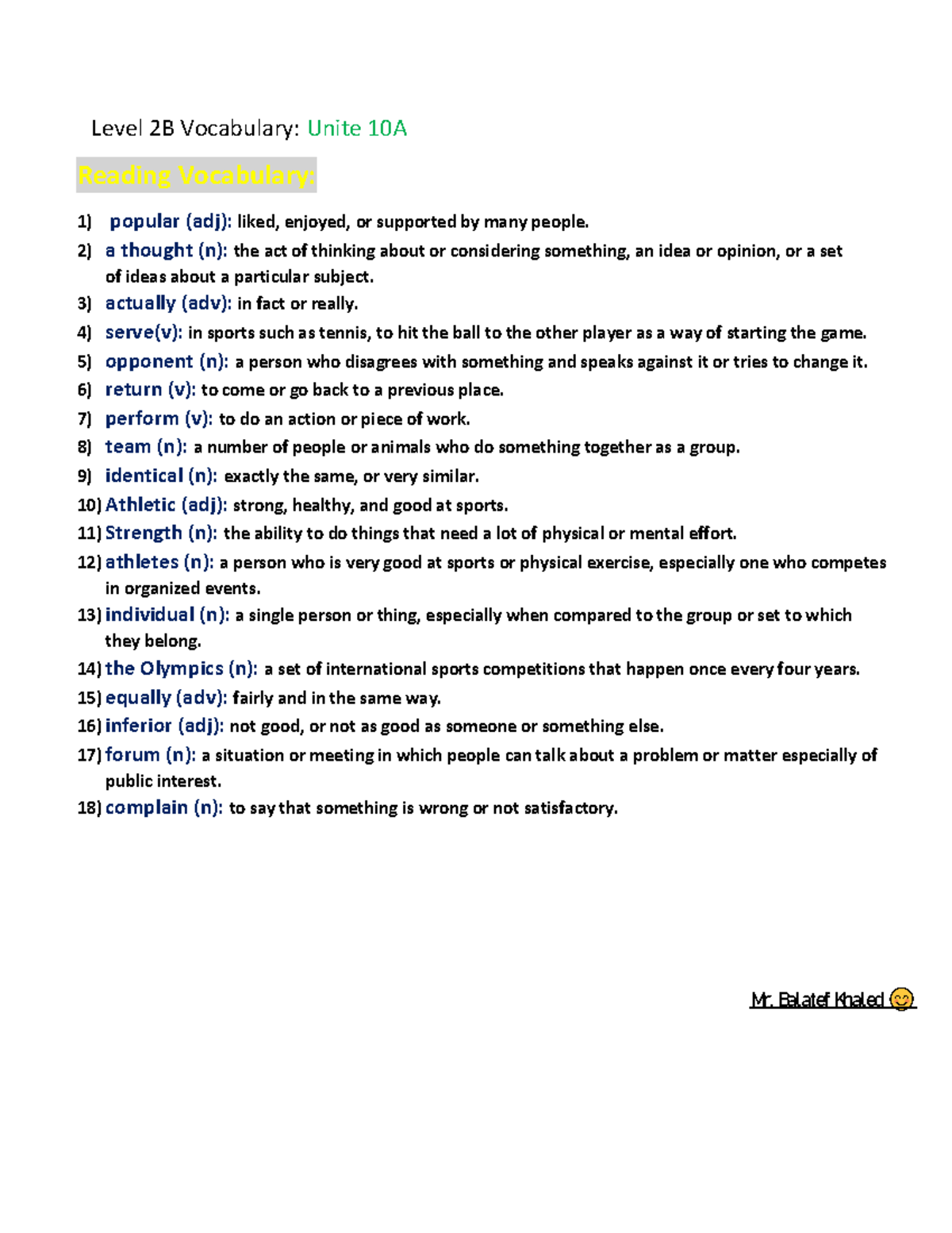 10A Vocab - Level 2B Vocabulary: Unite 10A Reading Vocabulary: 1 ...