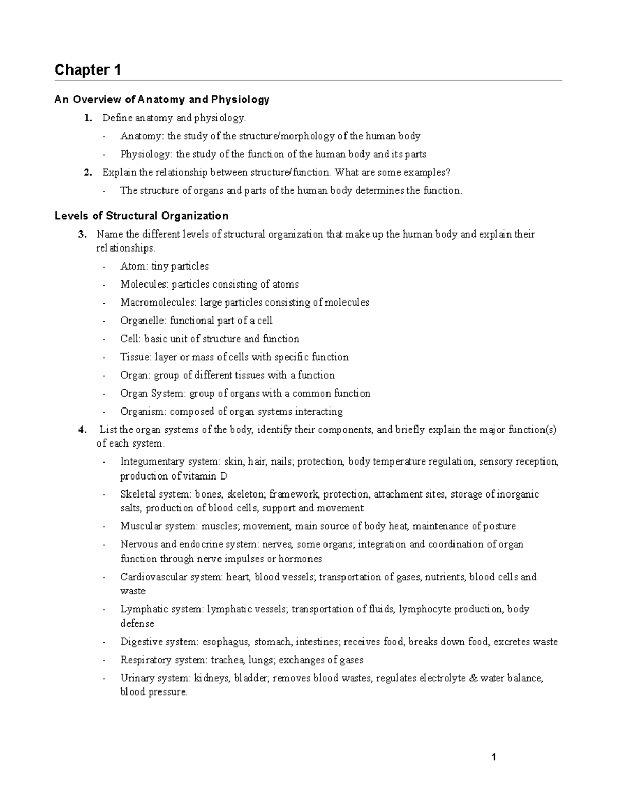 BIOL 207 Study guide EXAM 1 F23 - Chapter 1 An Overview of Anatomy and ...