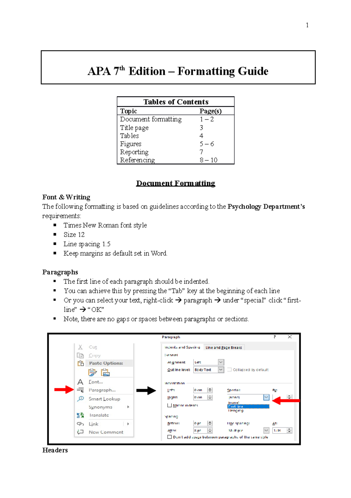 Apa 7th formatting - Tables of Contents Topic Page(s) Document ...