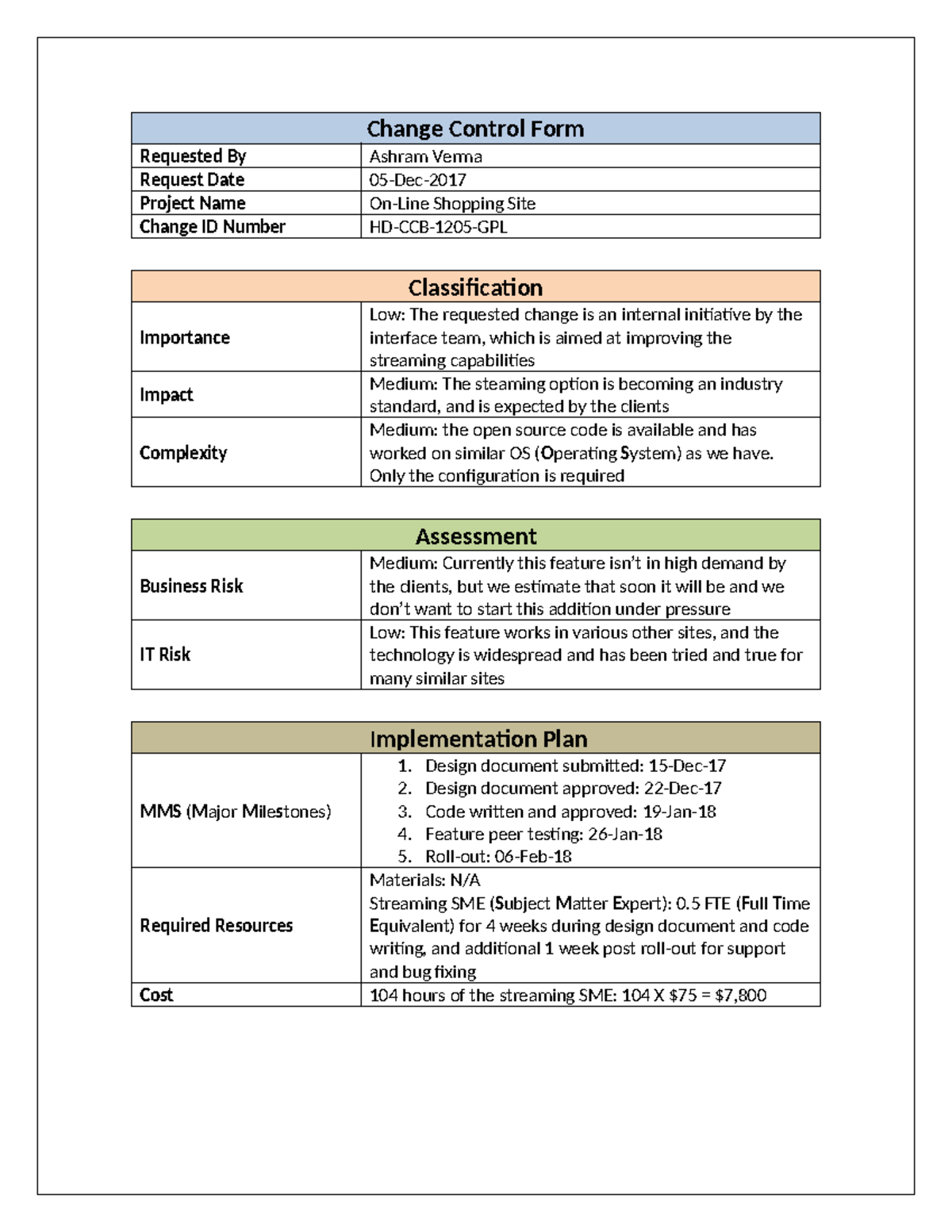 Change Control Form Template - Change Control Form Requested By Ashram ...