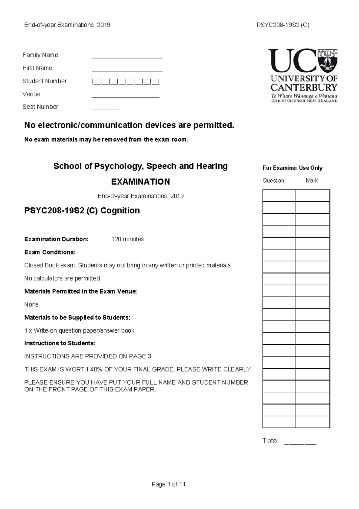 Psyc208 exam master 2019 1002 - No electronic/communication devices are ...