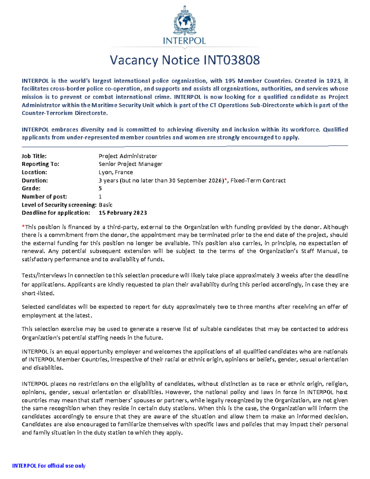 Vacancy Notice INT03808 - INTERPOL For official use only Vacancy Notice ...