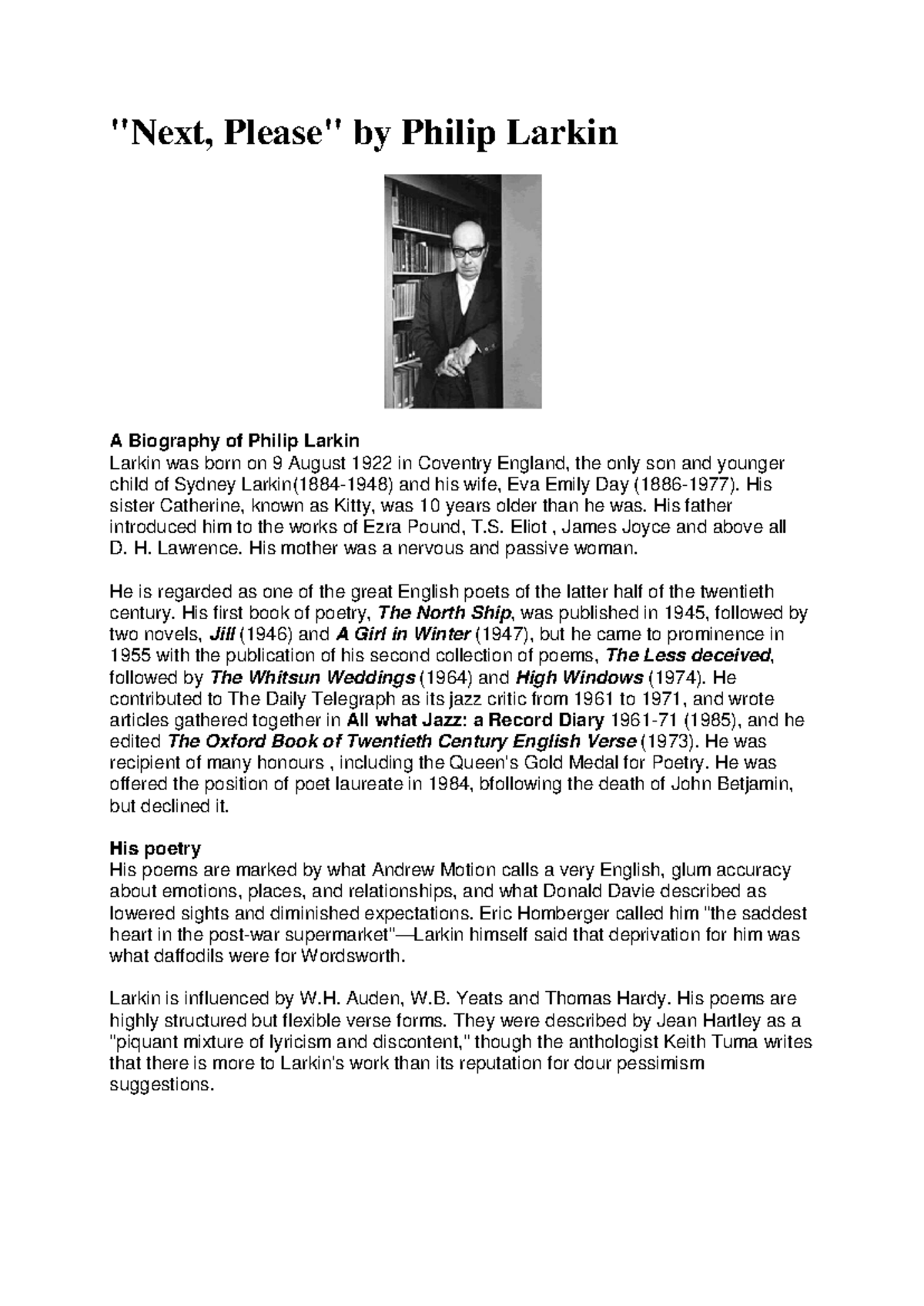 Poem 10 Eng FAL Gr 12 Next Please - "Next, Please" by Philip Larkin A ...