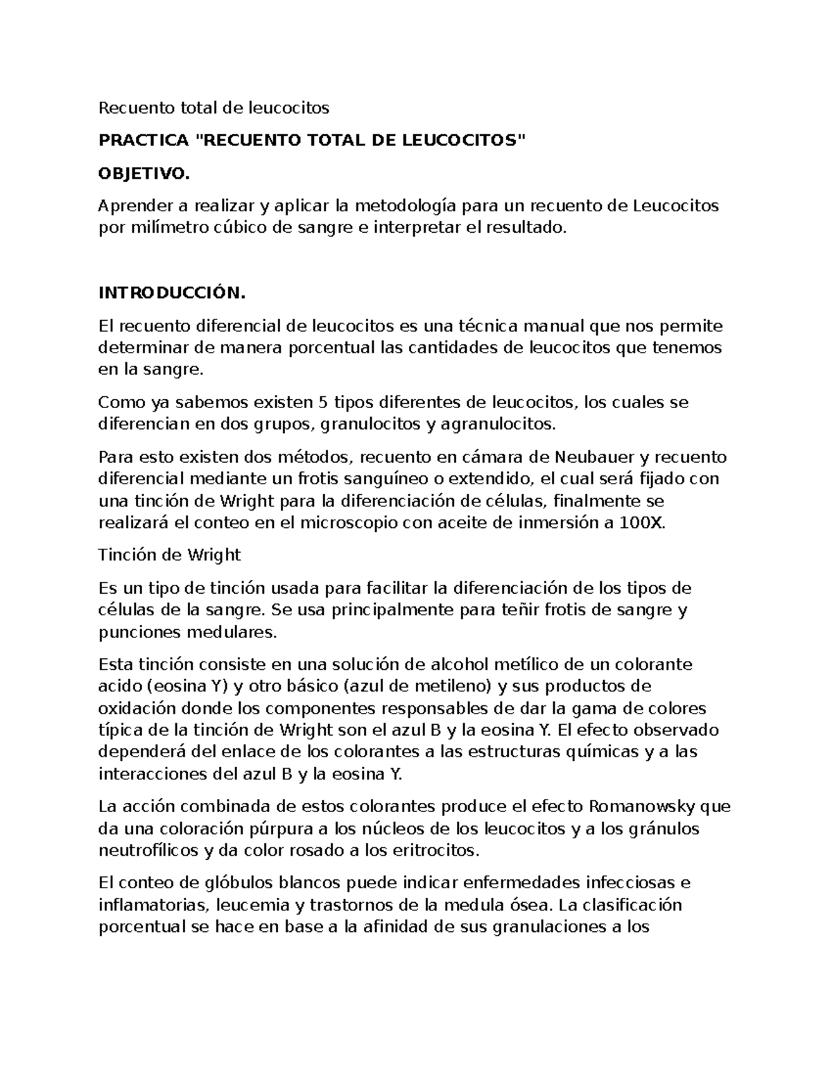 PRAC 4 Recuento total de leucocitos - Recuento total de leucocitos ...