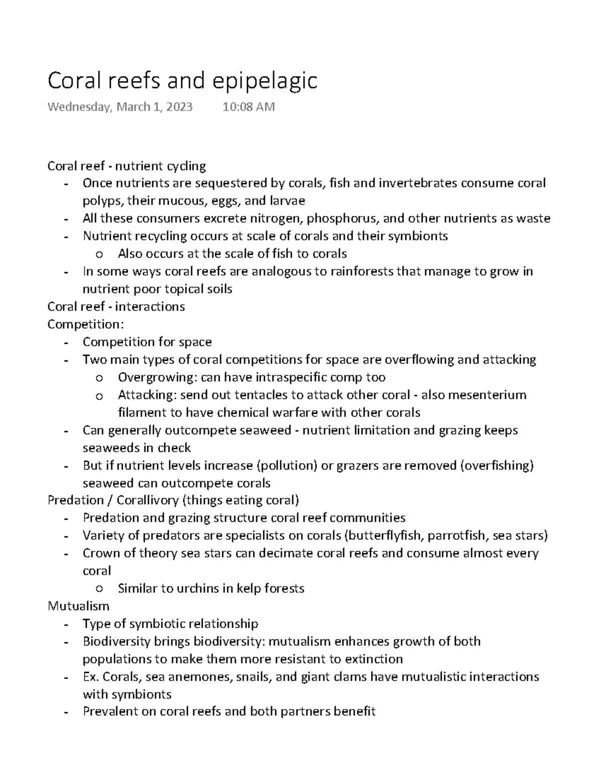 Coral reefs and epipelagic - Coral reef - nutrient cycling Once ...