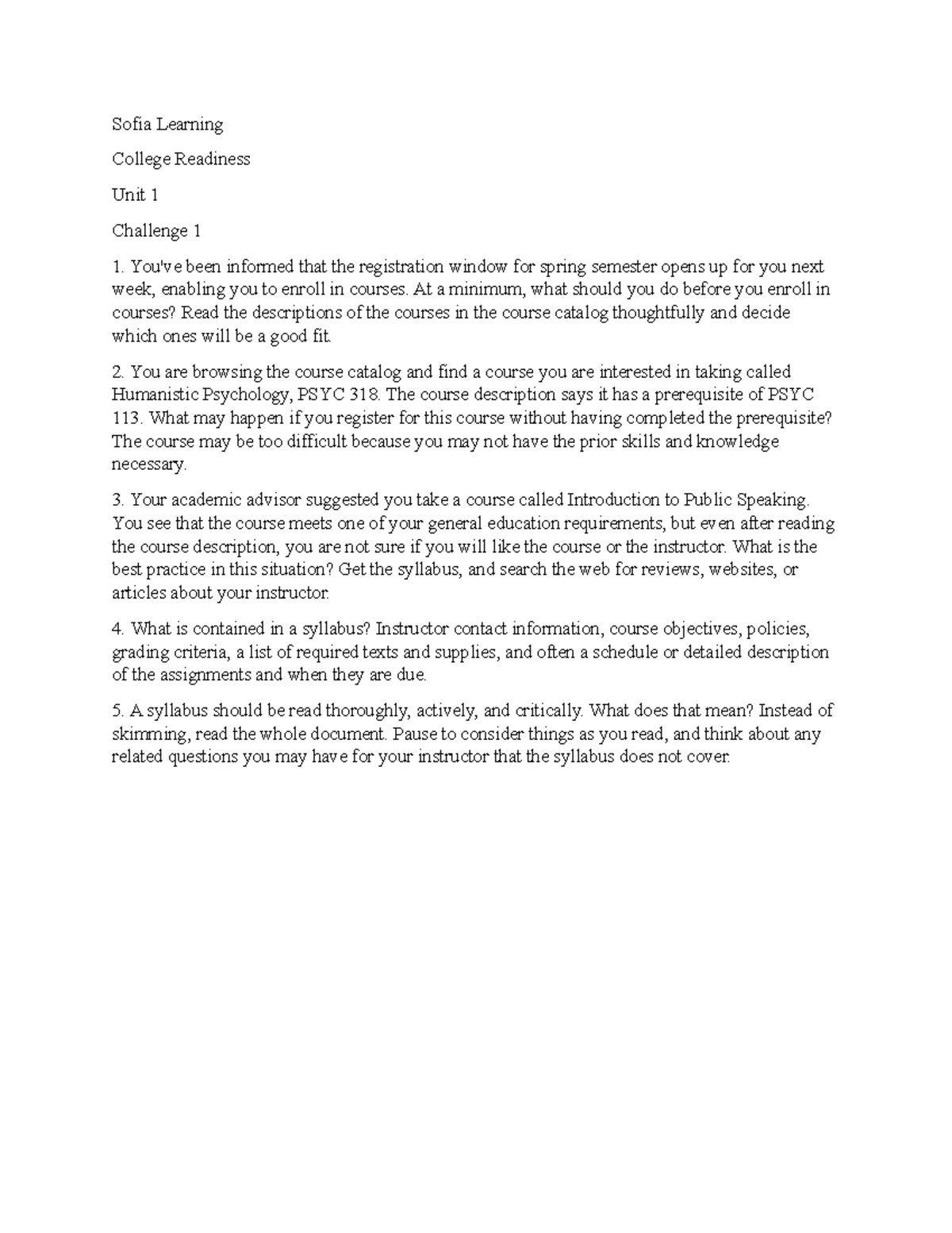 Sophia Learning College Readiness Unit 1 Challenge 1 - Sofia Learning ...