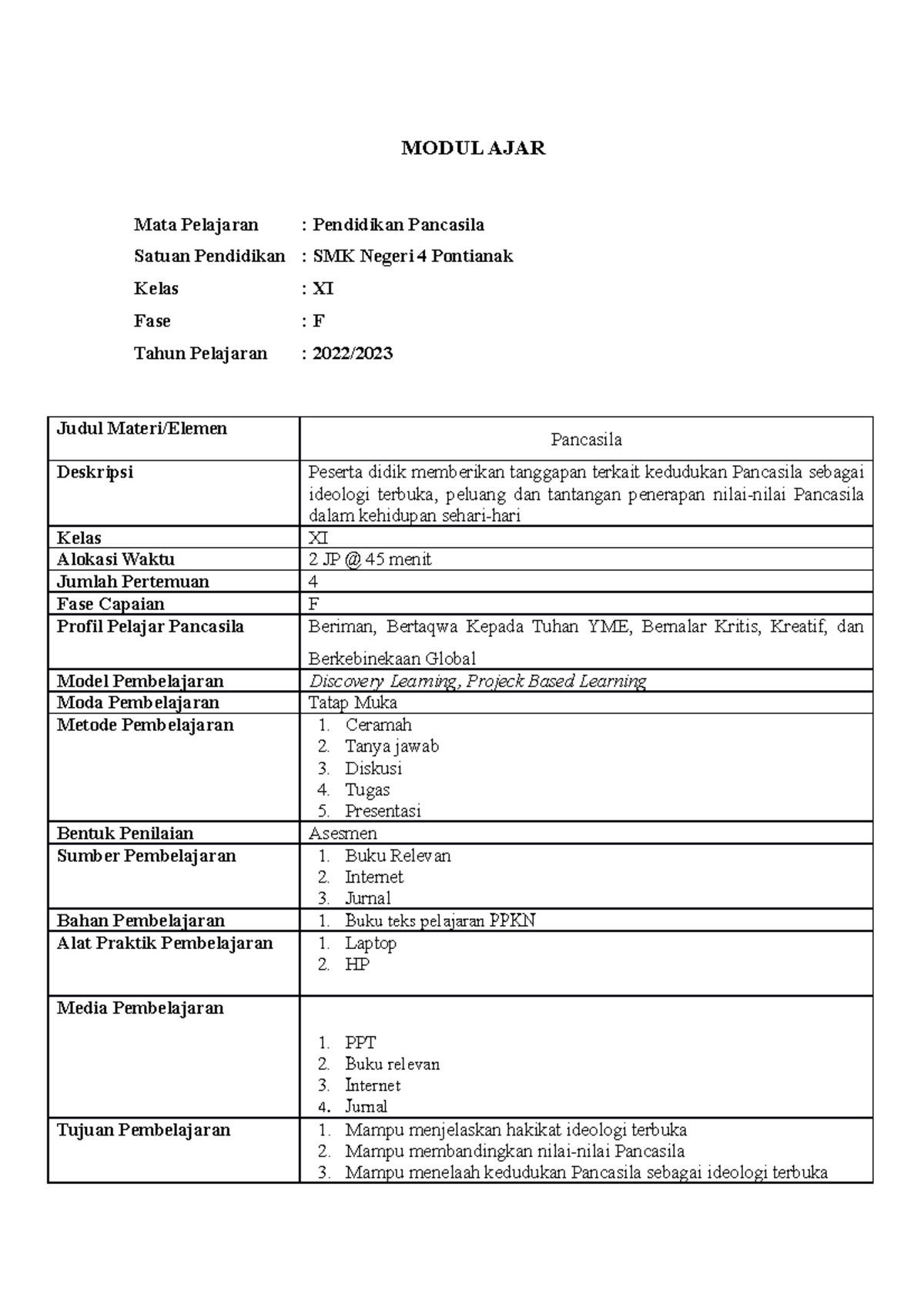 4. Modul AJAR - MODUL AJAR Mata Pelajaran : Pendidikan Pancasila Satuan ...