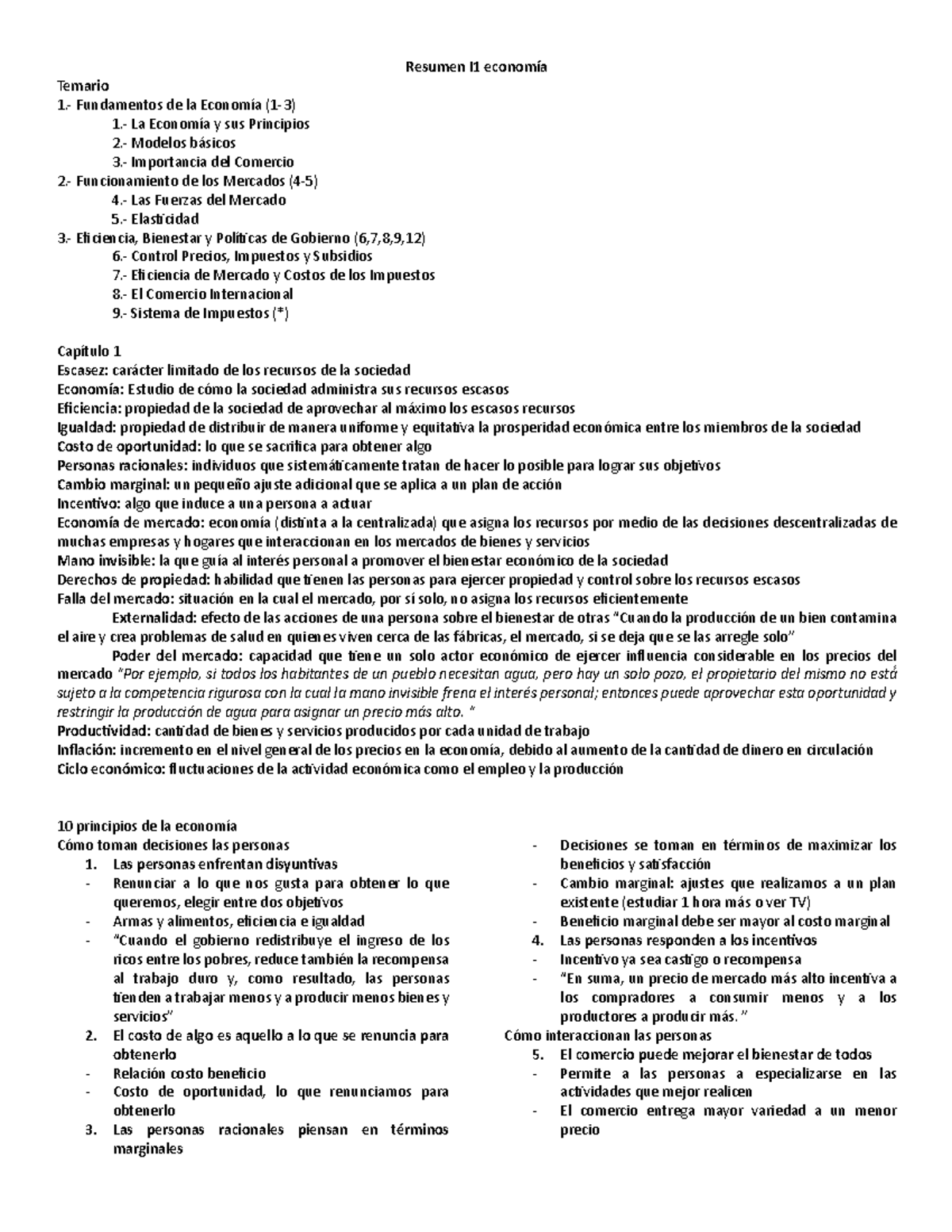 Resumen i1 economía - Principios de economia - Resumen I1 economía Temario 1.- Fundamentos de la ...
