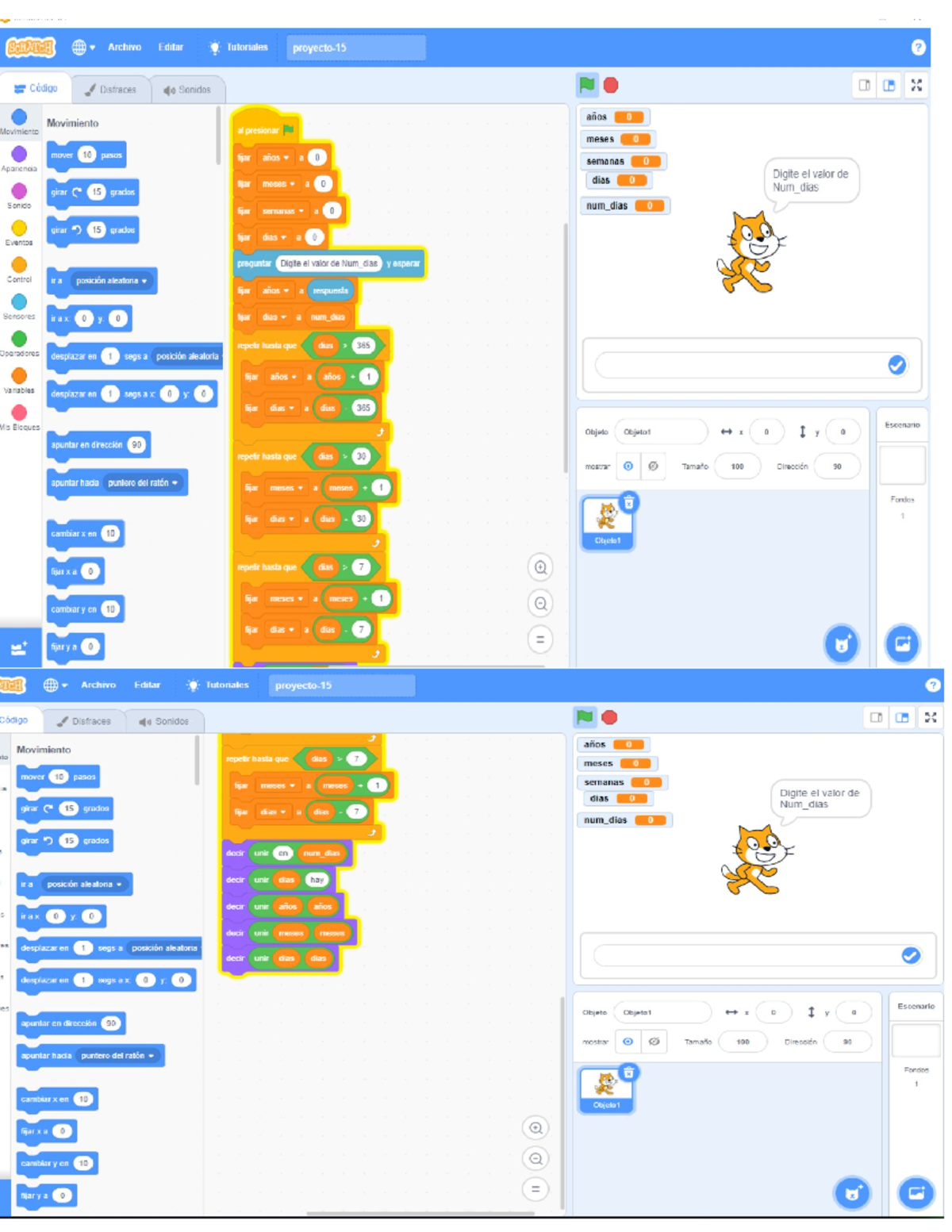 15 - trabajo por escrito - SCRATCH Archivo Editar Tutoriales 15 ? Código Disfraces Sonidos años ...
