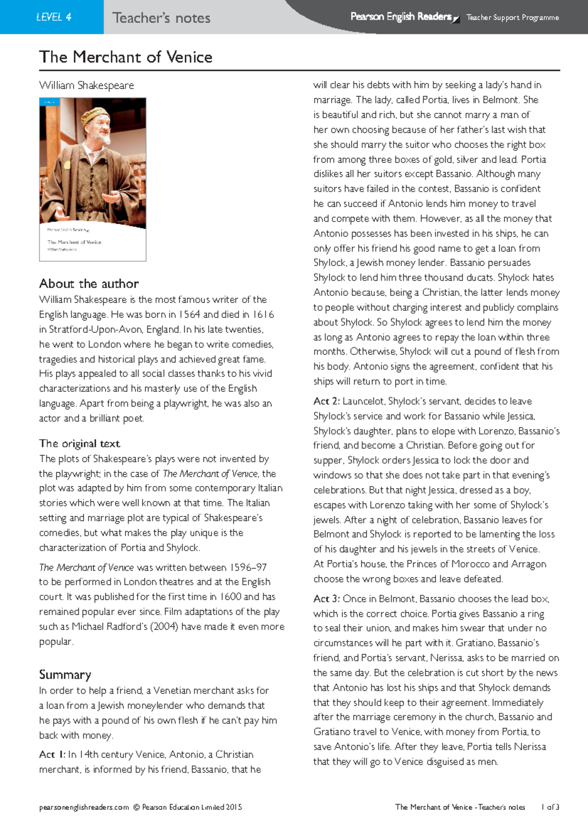 154-Shakespeare I -The Merchant of Venice - Actwise summary - The ...