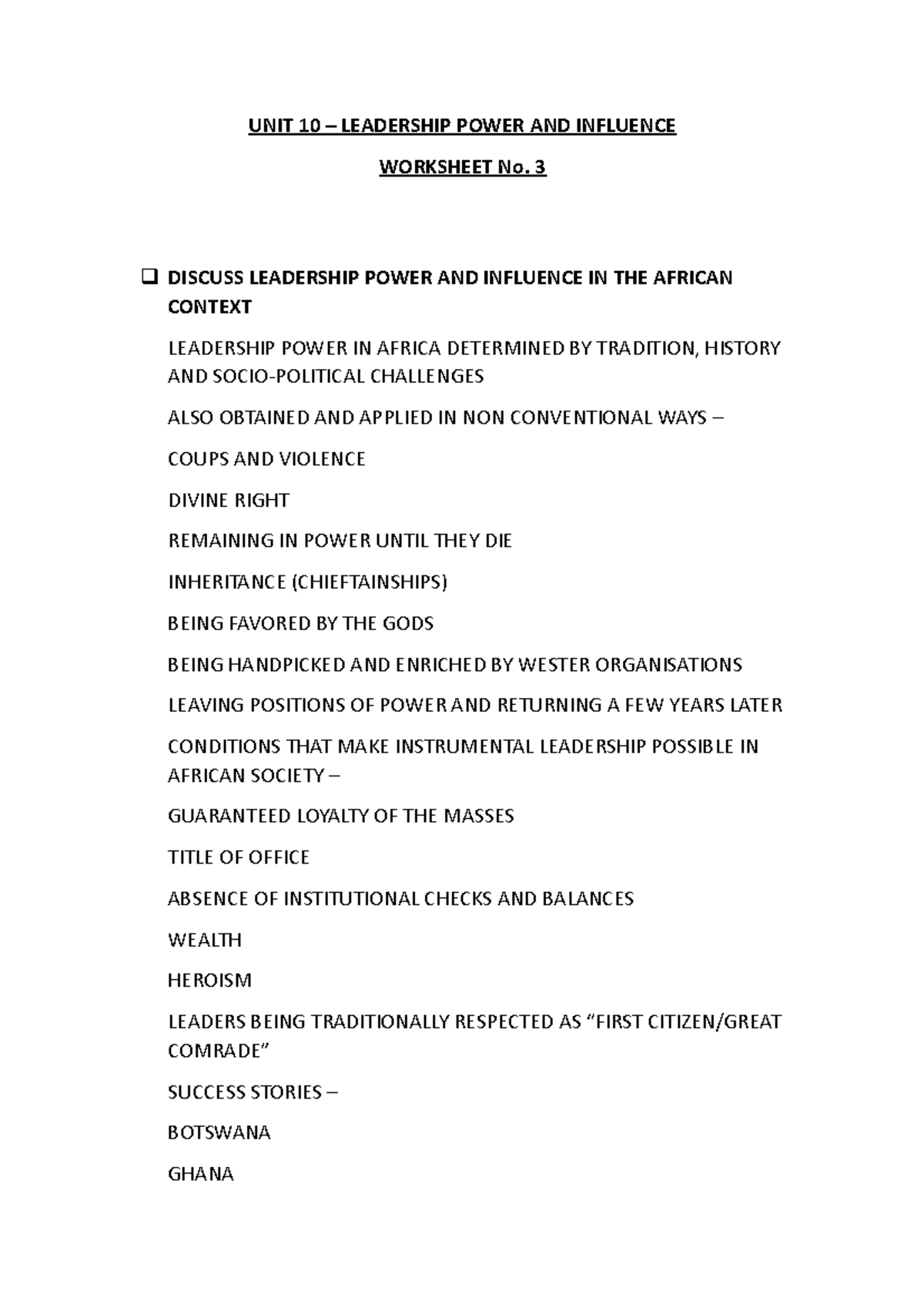 Revision Worksheet 3 - Practice Material - UNIT 10 – LEADERSHIP POWER ...