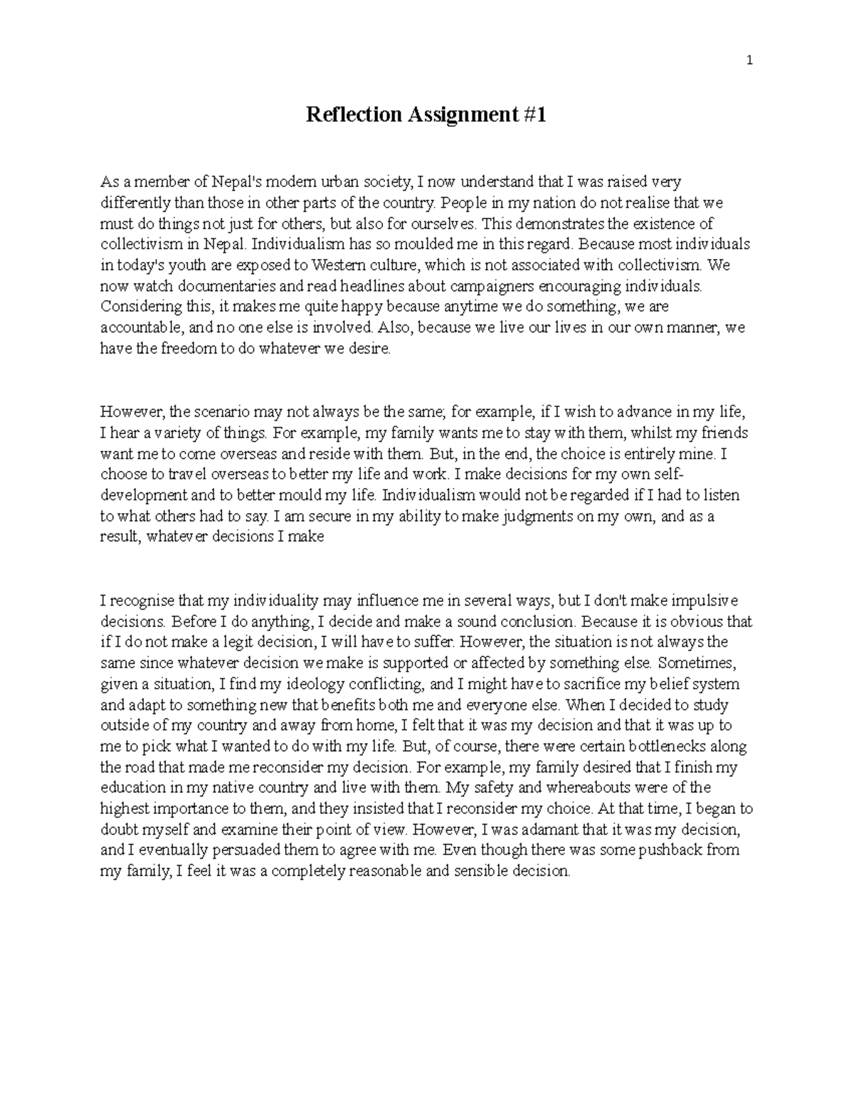 Reflection - Assignment - 1 Reflection Assignment As a member of Nepal ...