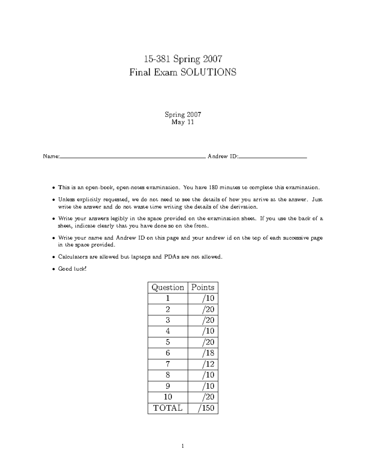 Final solutions 07 - question with solution - 15-381 Spring 2007 Final ...