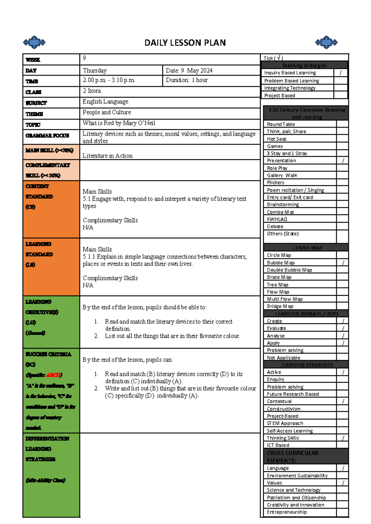 W9 100524 1hr 2IXR - FORM 2 LESSON PLAN - DAILY LESSON PLAN WEEK 9 Tick ...