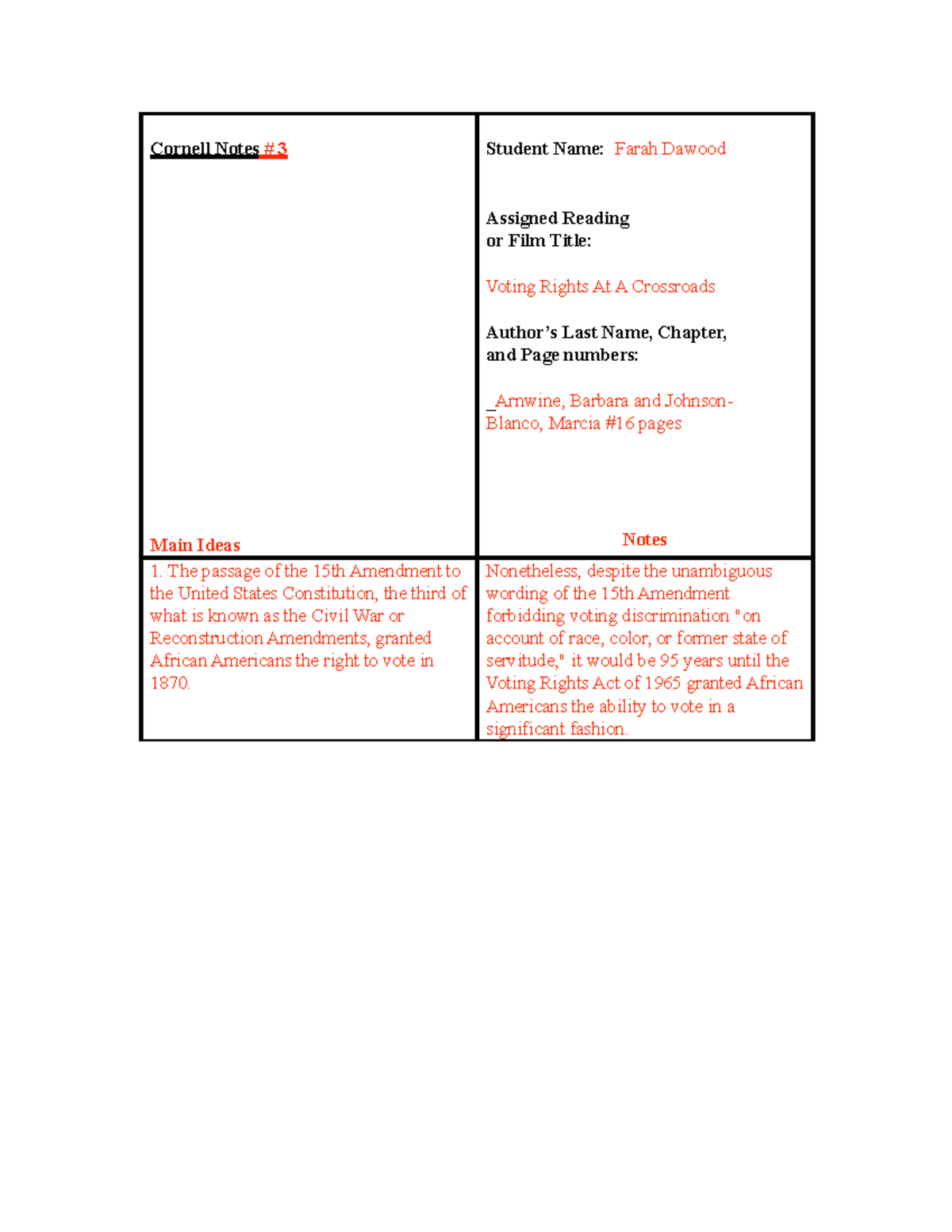 Cornell Notes #3 - Cornell Notes # 3 Main Ideas Student Name: Farah ...