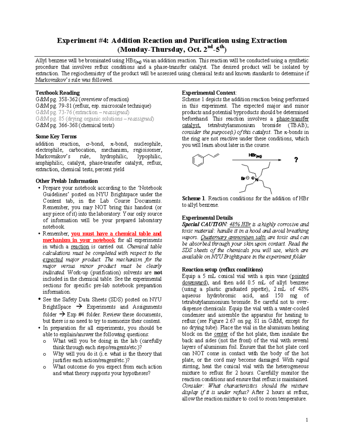 FA23 CHEM 225 Exp4 Handout Addition Reaction - 1 Experiment # 4 : Addition Reaction and ...