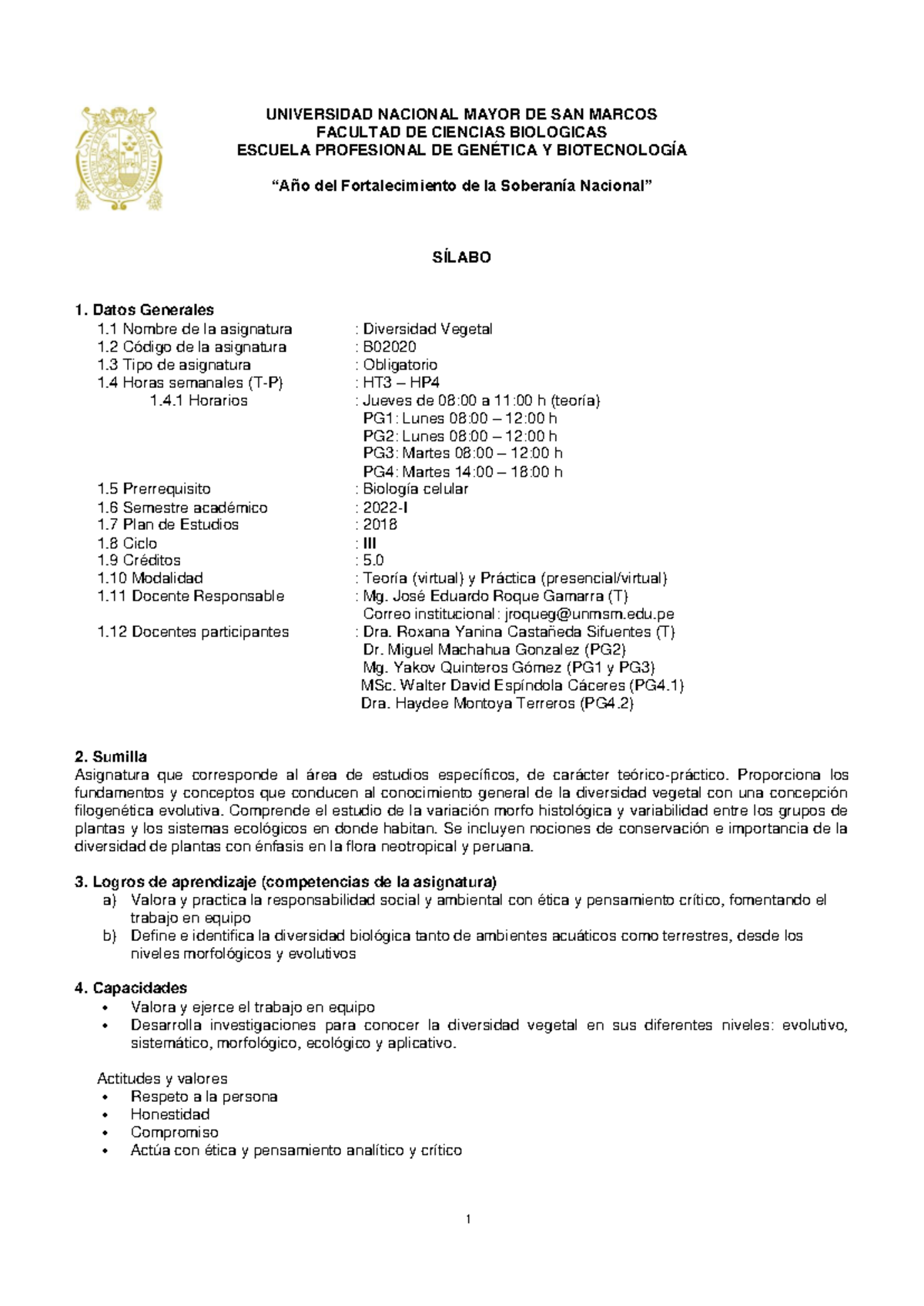 Silabo Diversidad vegetal 2022-I EPGy B F 1 - UNIVERSIDAD NACIONAL ...