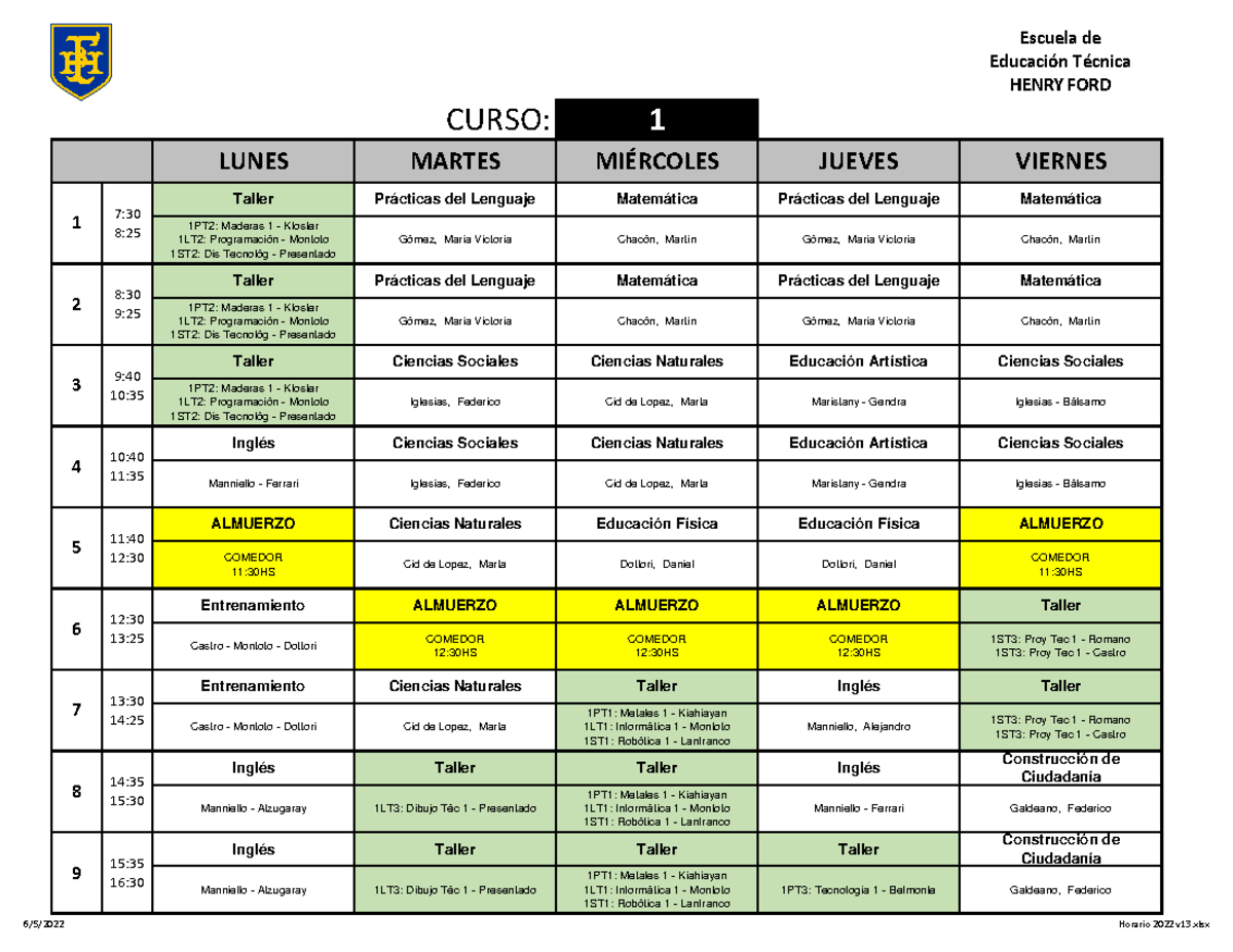 Horario 2022 v13 (1) - aaaaaaaaaaaaaaaaaaaaaaaaa - Educación Técnica HENRY FORD Construcción de ...