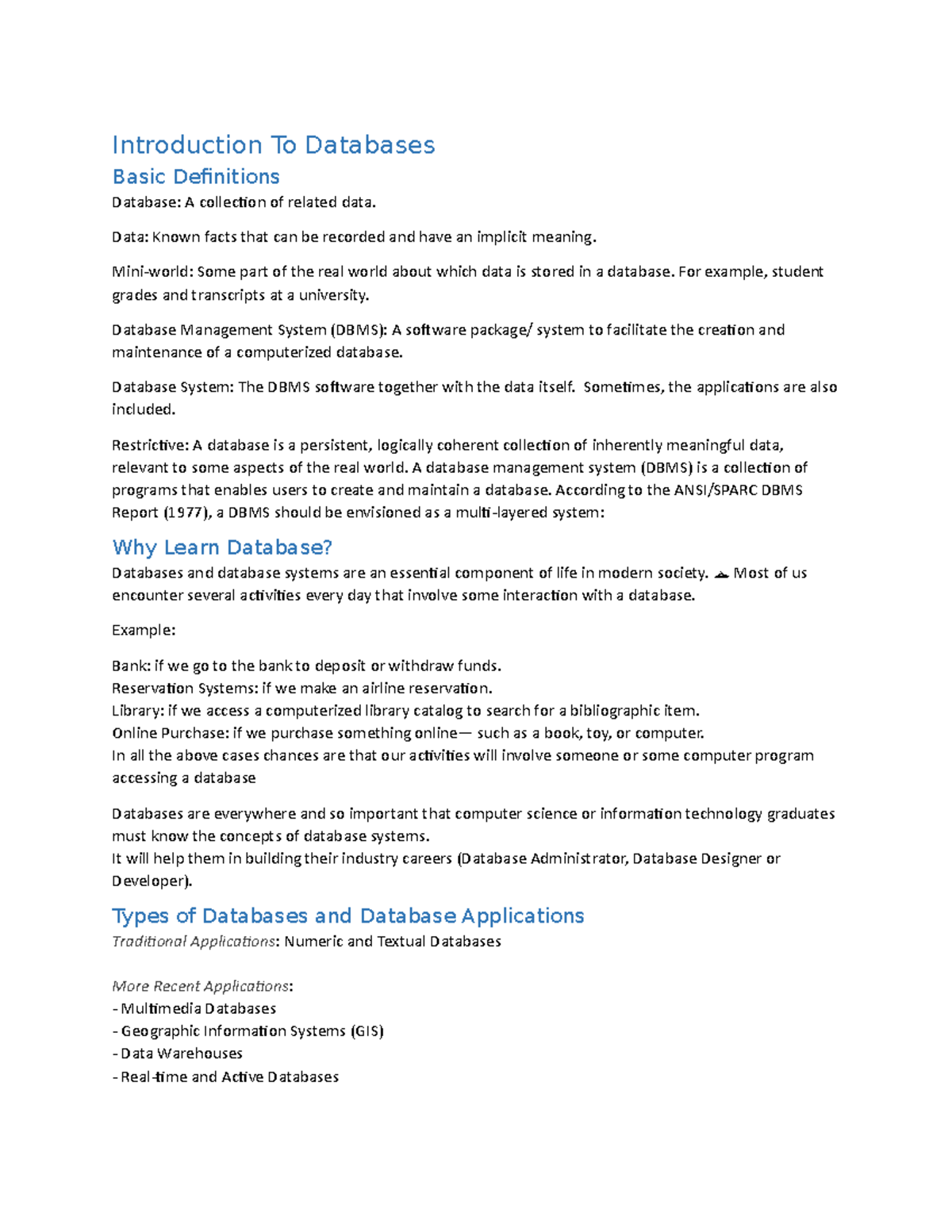 Introduction To Databases Introduction To Databases Basic Definitions Database A Collection