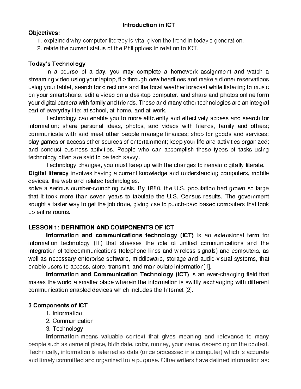 Unit 1 Lesson 1 Intro In Ict Introduction In Ict Objectives Explained Why Computer Literacy 6867