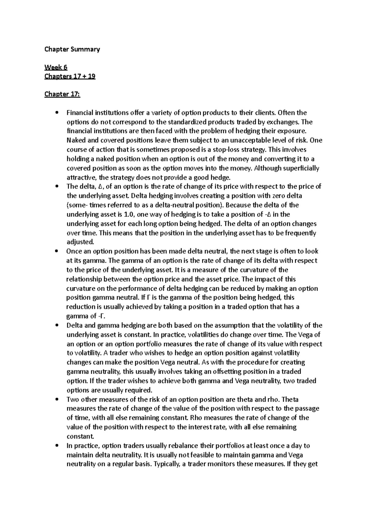 Week 6 - Summary Fundamentals of Futures and Options Markets - Chapter ...