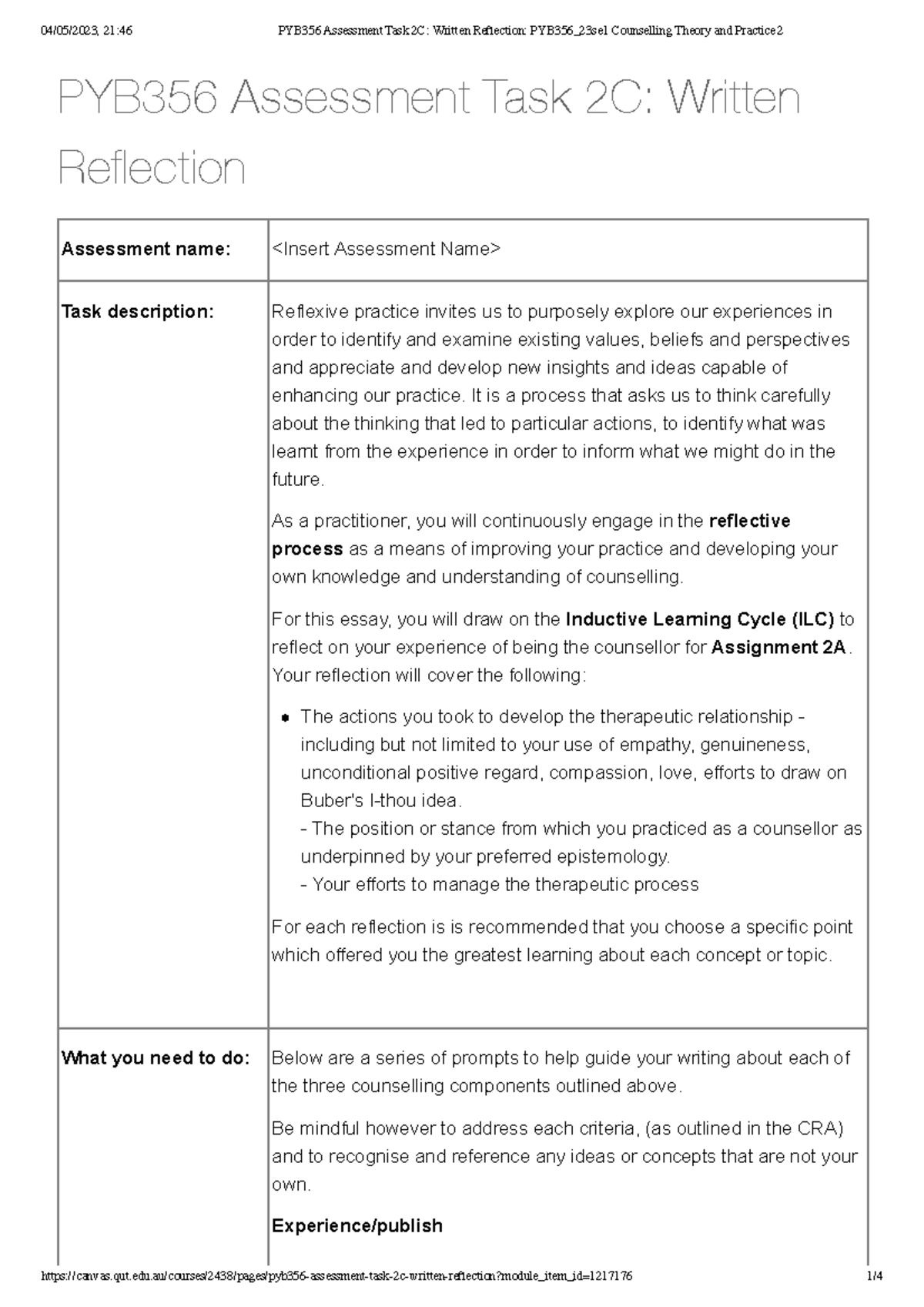PYB356 Assessment Task 2C Written Reflection PYB356 23se1 Counselling ...