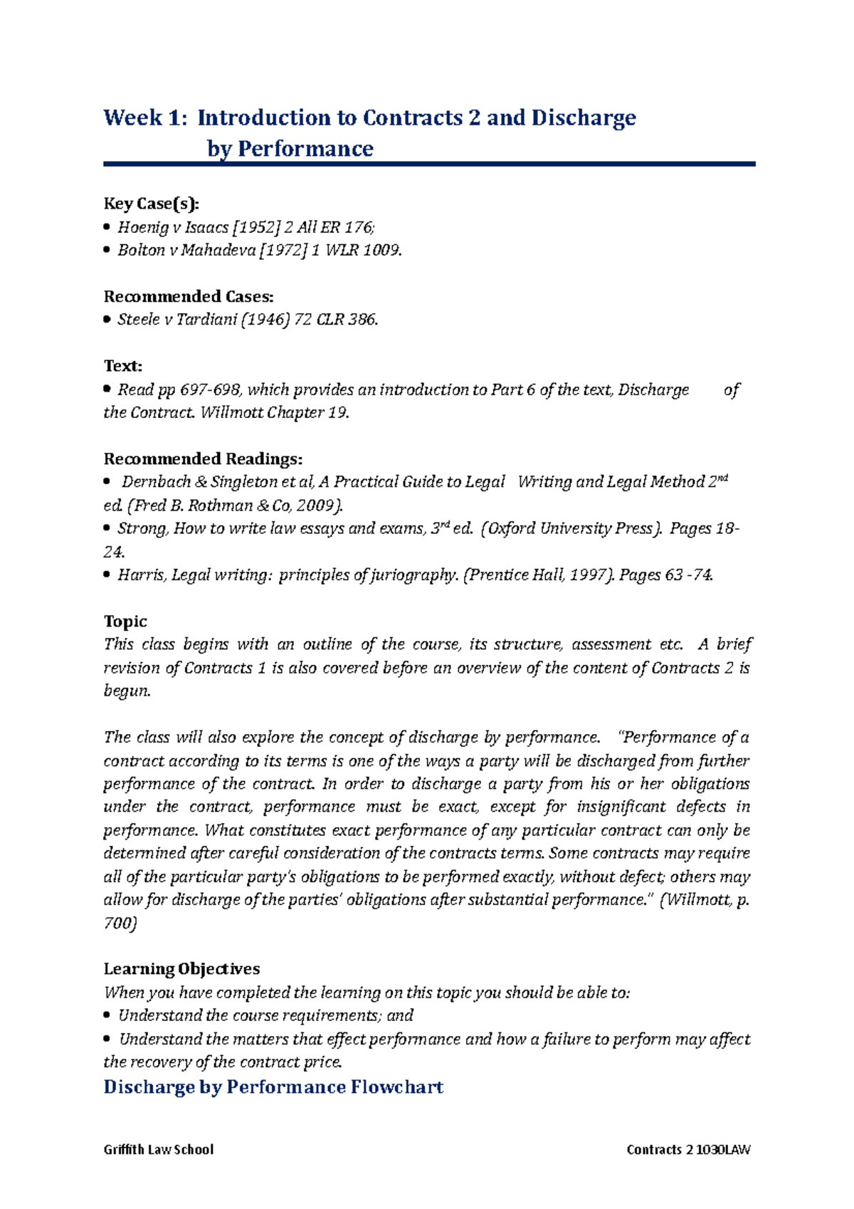 Contracts 2 1030LAW Week 1 Outline - Week 1: Introduction to Contracts 2 and Discharge by - Studocu