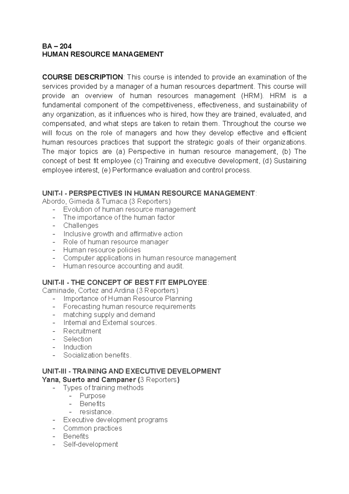 HRM Course Outline - asd - BA – 204 HUMAN RESOURCE MANAGEMENT COURSE ...