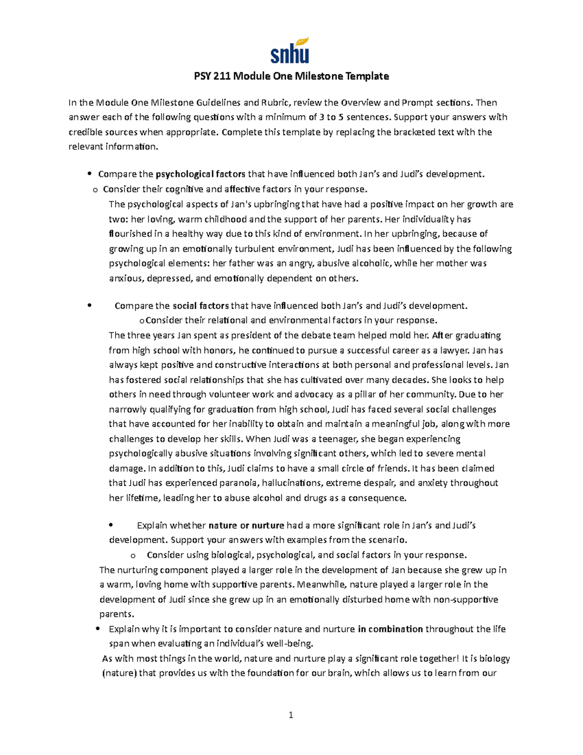 PSY 211 Module One Milestone Template - Then answer each of the ...