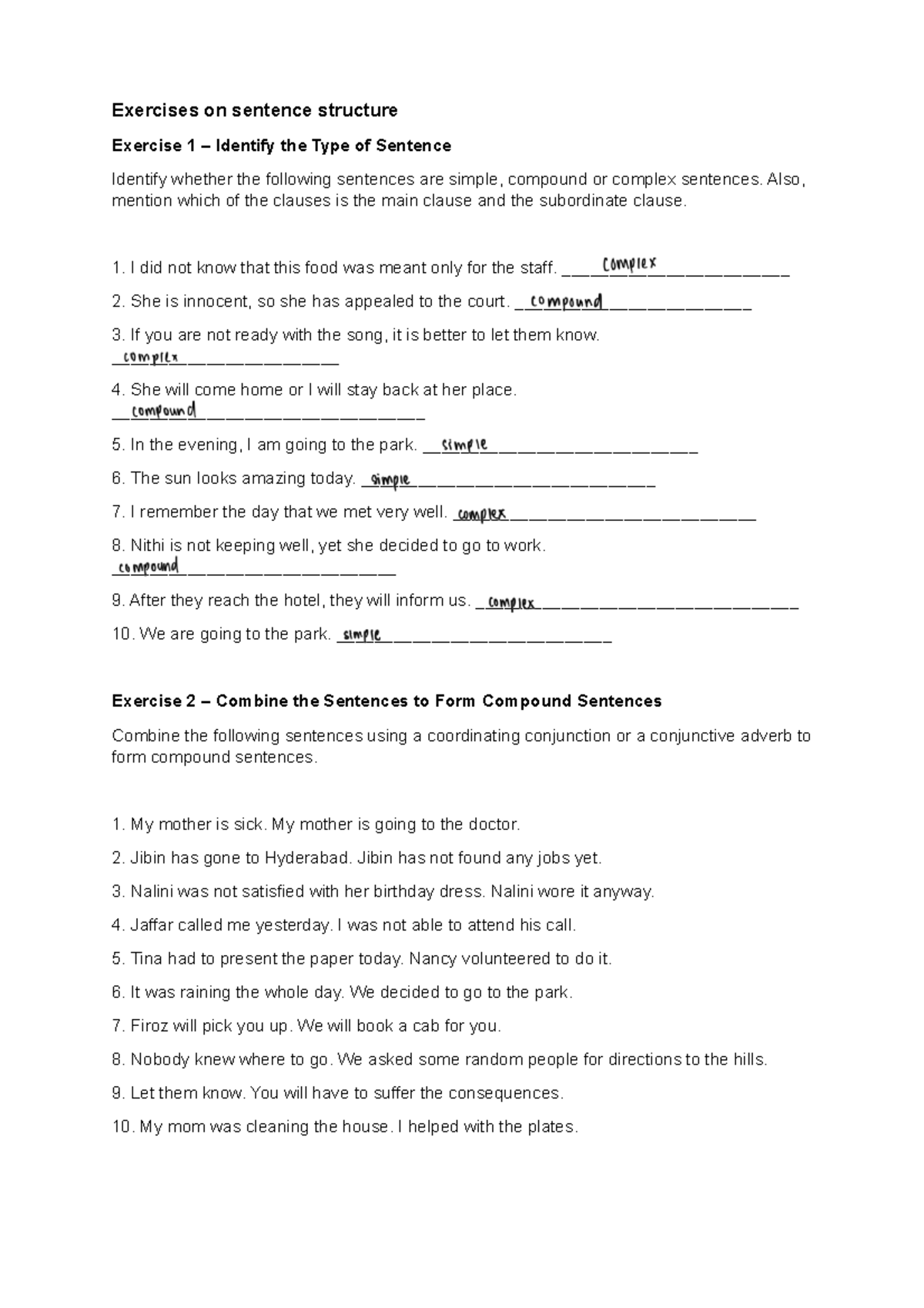Exercises on sentence structure student copy - Exercises on sentence ...