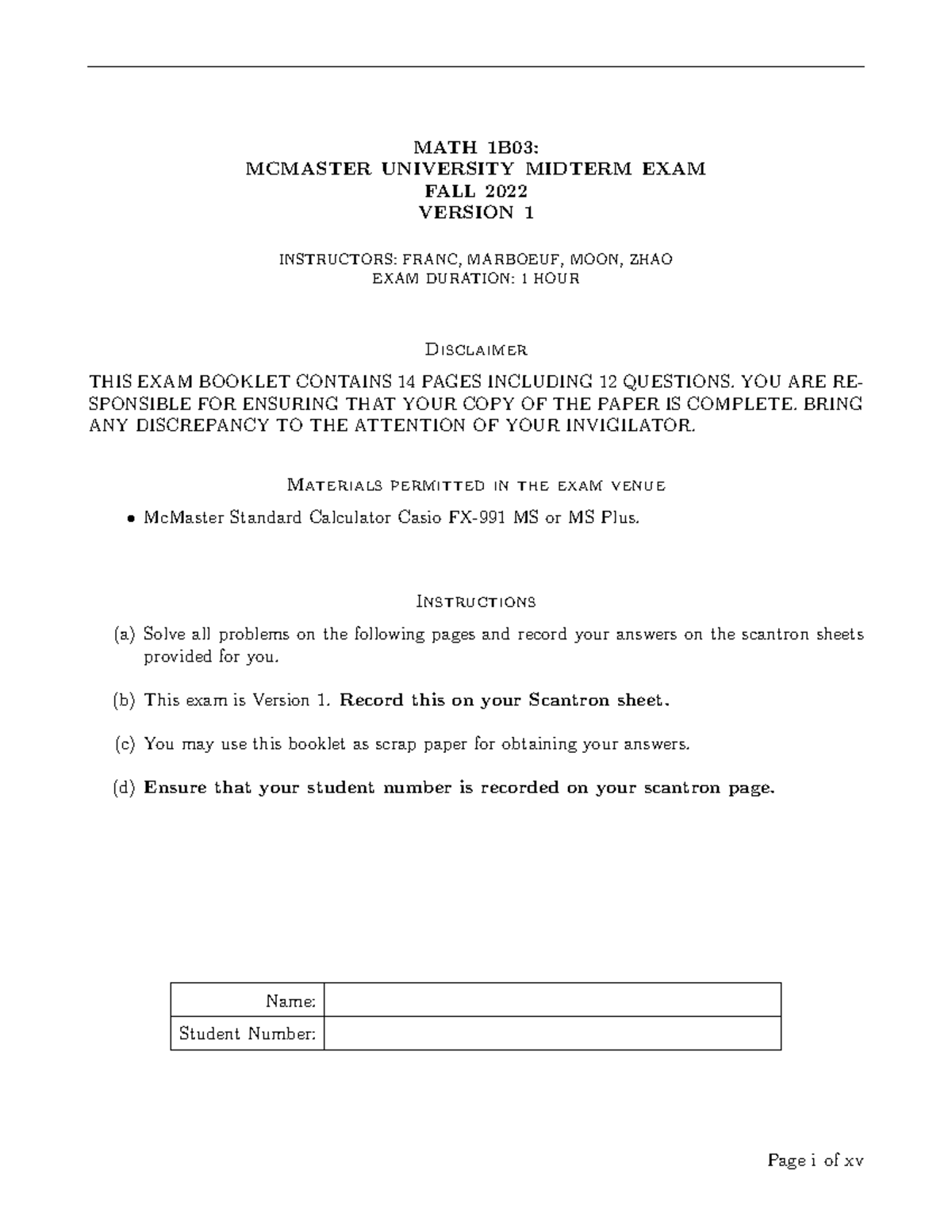 MATH 1B03 midterm 2 Version 1 - MATH 1B03: MCMASTER UNIVERSITY MIDTERM ...