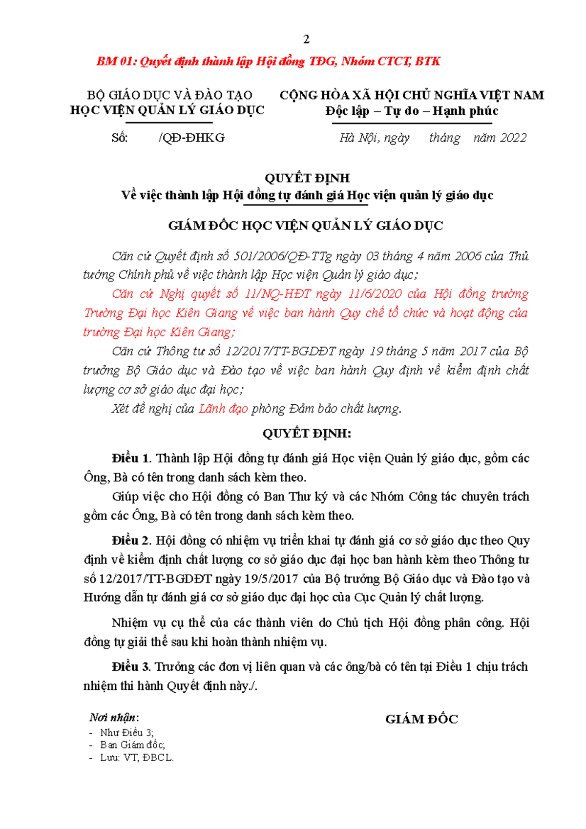 BM 01 - qlgd - BỘ GIÁO DỤC VÀ ĐÀO TẠO HỌC VIỆN QUẢN LÝ GIÁO DỤC CỘNG ...