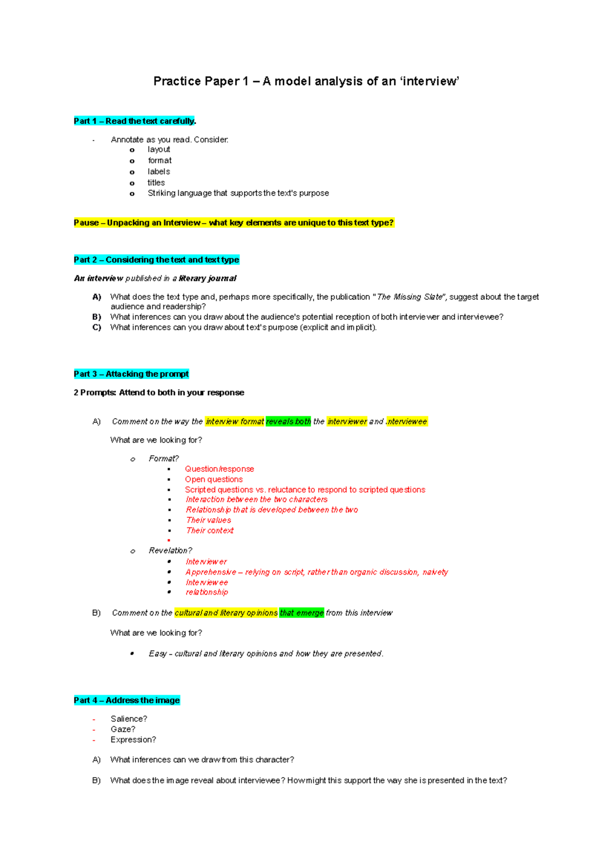 Approaching the Text - asdasdasda - Practice Paper 1 – A model analysis ...
