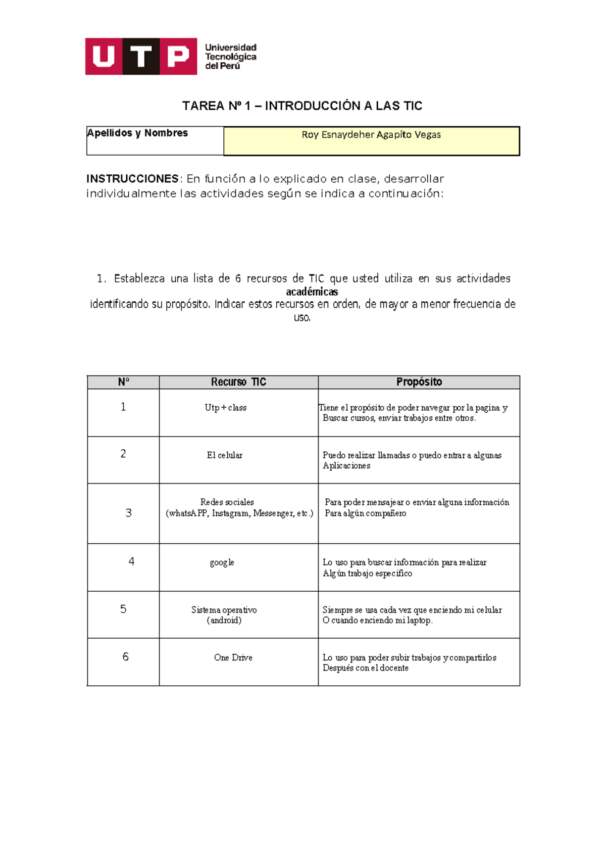 S01 trabajo.docx - TAREA Nº 1 – INTRODUCCIÓN A LAS TIC INSTRUCCIONES: En función a lo explicado ...