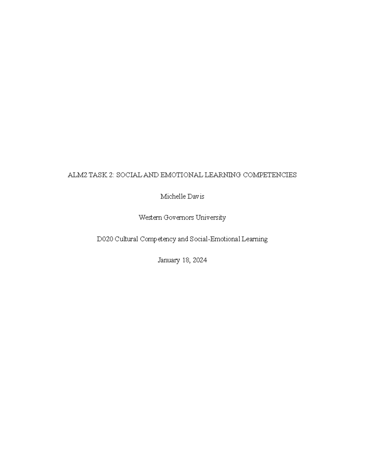 D020 Performance Task ALM2 Task 2 - ALM2 TASK 2: SOCIAL AND EMOTIONAL ...
