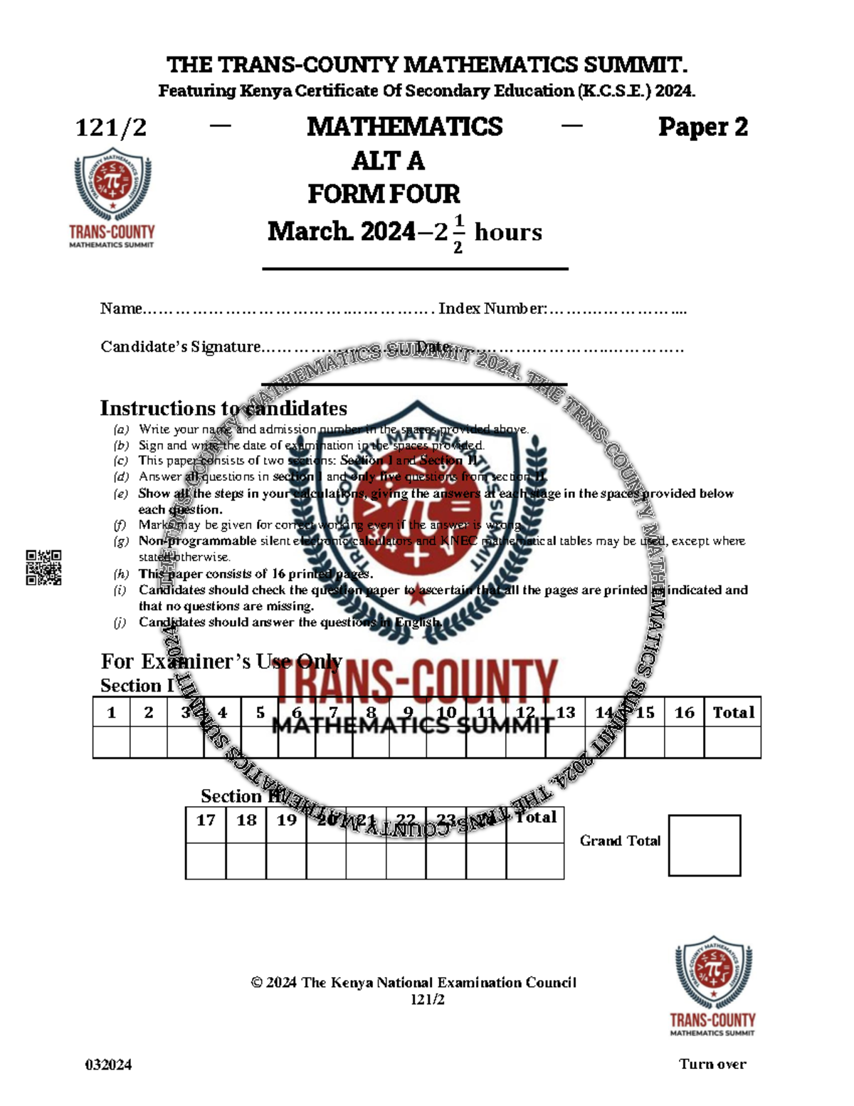 2024 THE Trans- County EXAM Mathematics PP2 QS - THE TRANS-COUNTY ...